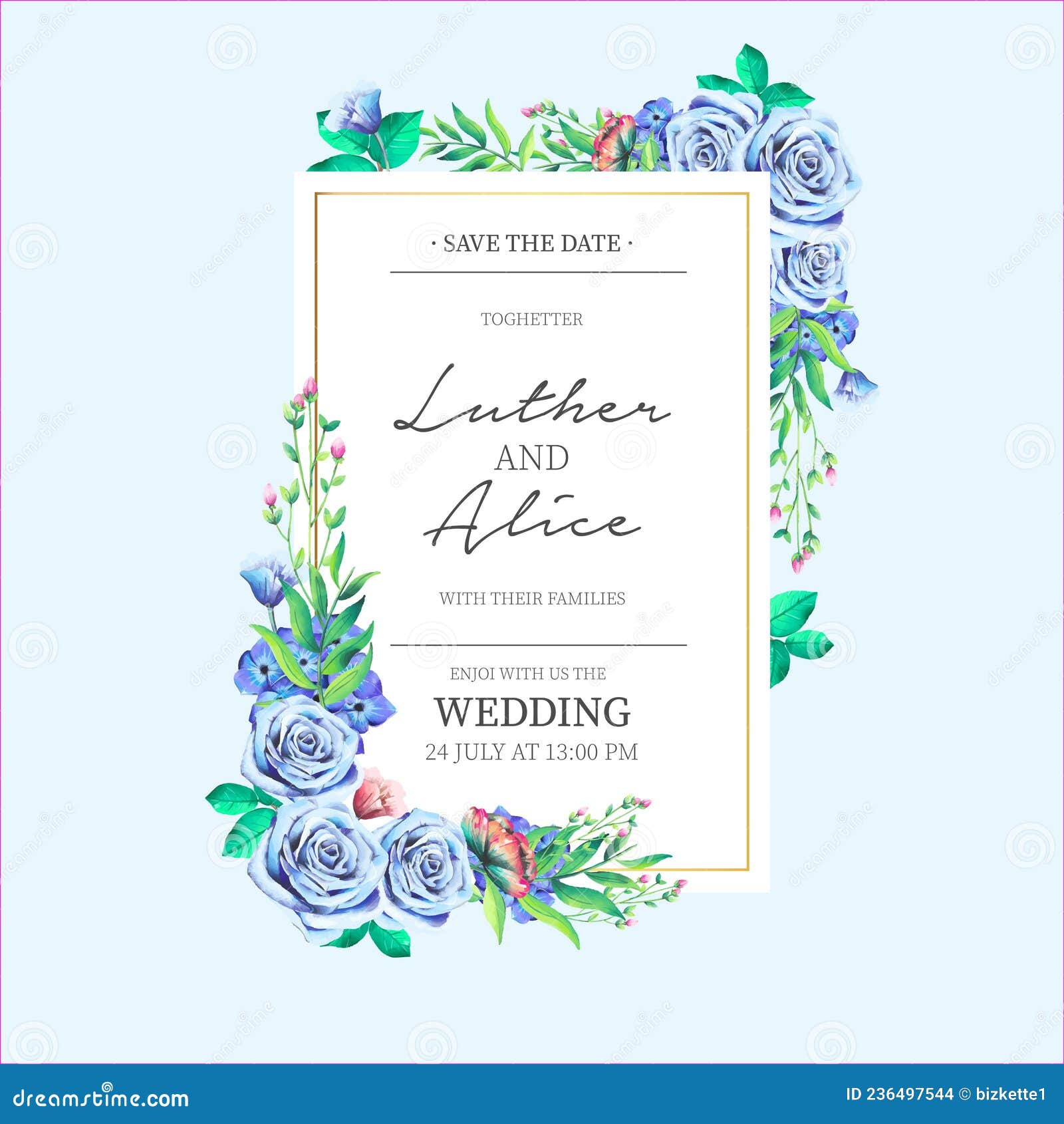 Wedding Invitation with Lovely Blue Flowers Vector Illustration Stock ...