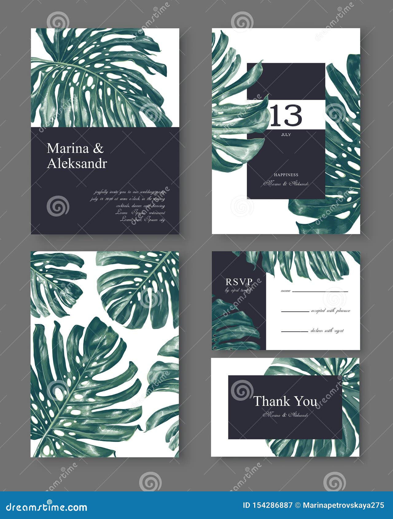 Botanical Wedding Invitation Card. Template Design with Monstera Leaves ...
