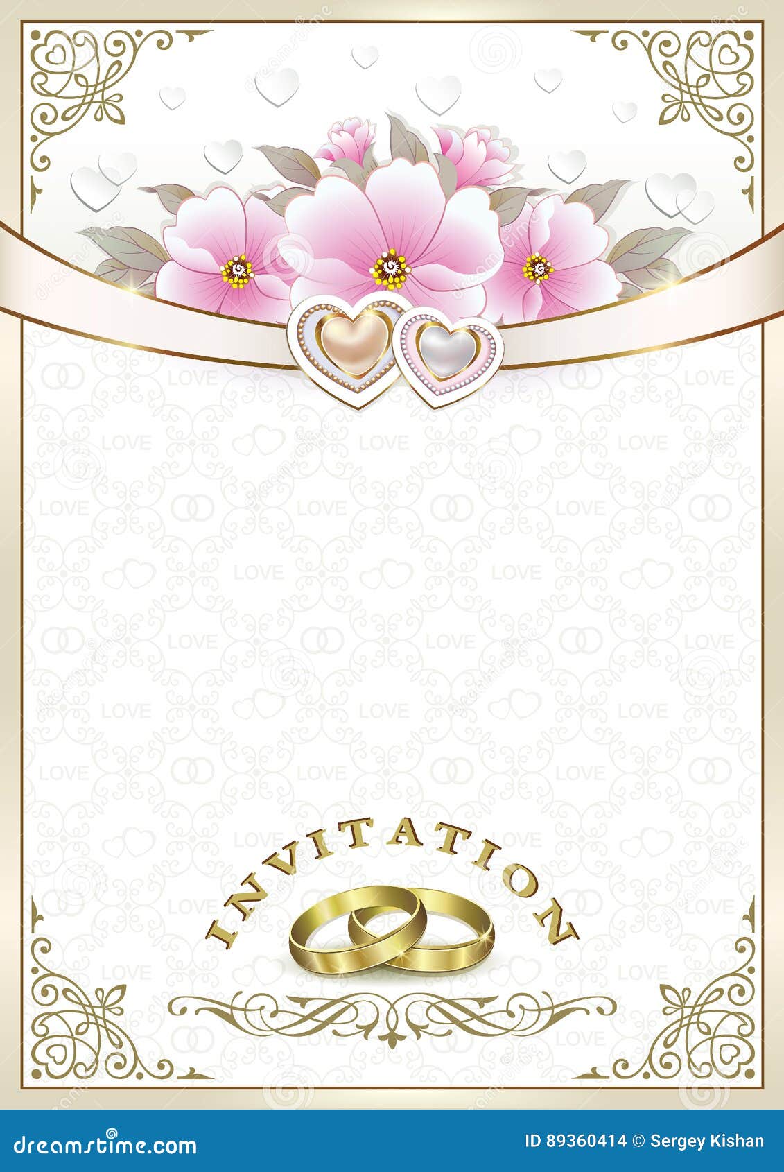 Wedding Invitation with Rings, Flowers and Hearts Stock Vector ...