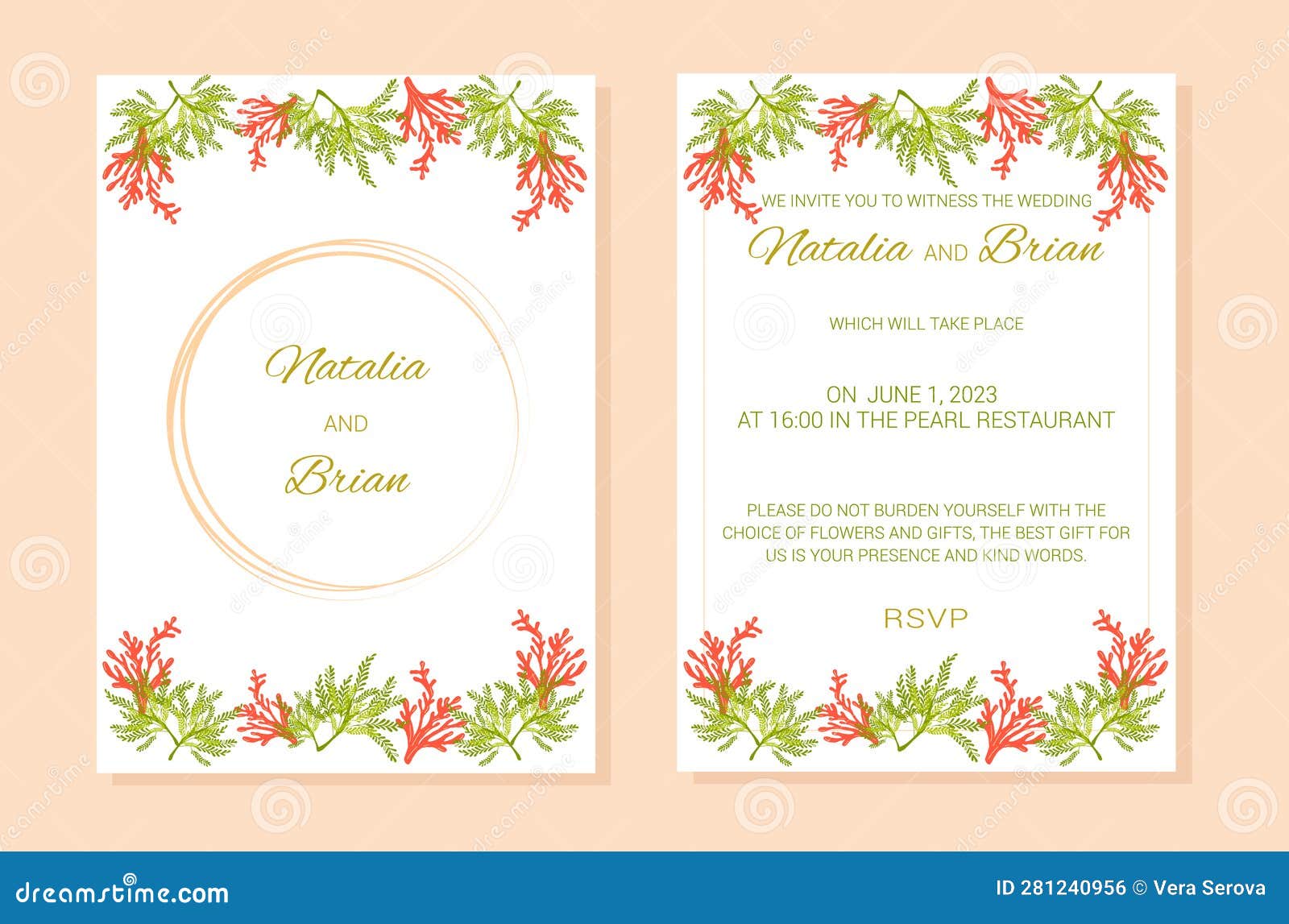 Wedding Invitation Summer Sea Theme Plants Layout. Stock Vector ...