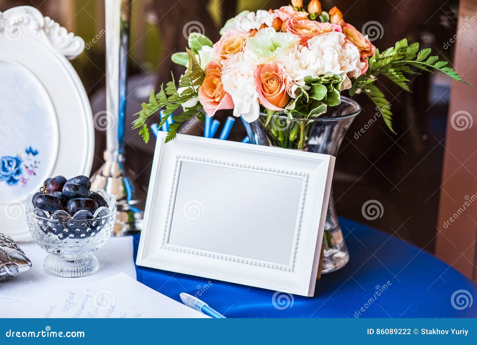 Wedding Invitation on Table Stock Photo - Image of blue, floral: 86089222