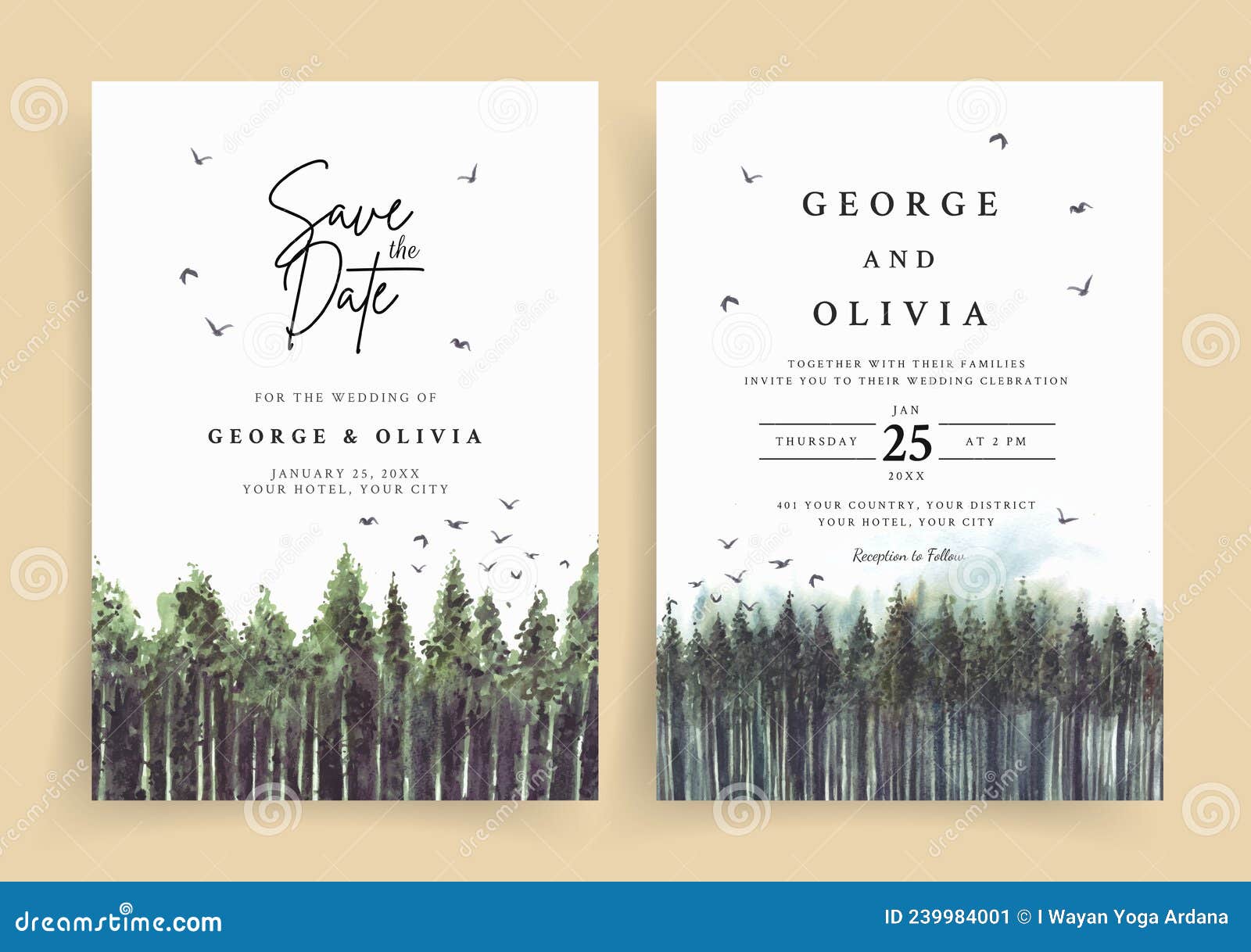 Wedding Invitation Template of Pine Tree Forest Watercolor Stock Vector ...