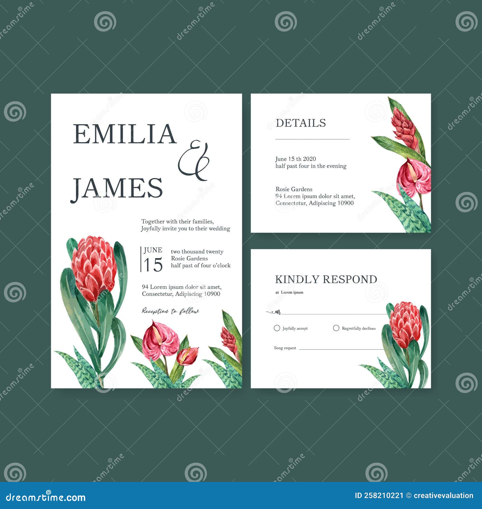 Wedding Invitation Watercolor Design with Ginger and Anthurium ...
