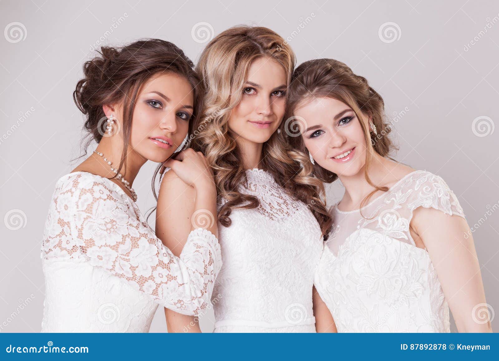 Wedding Make Up Hairstyle Dresses Three Brides Pose Studio Grey ...