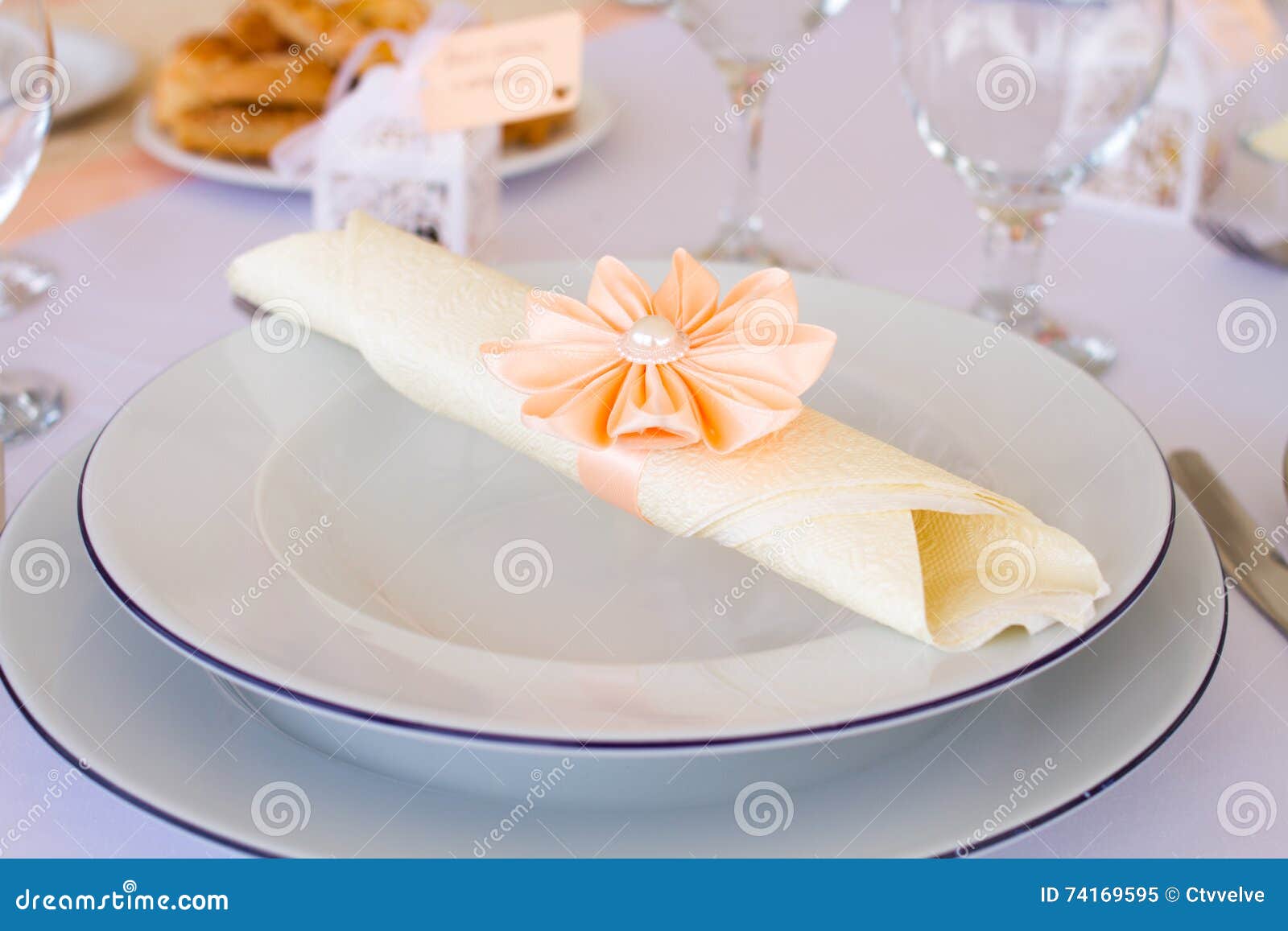 Wedding napkin on plate stock image. Image of elegant - 74169595