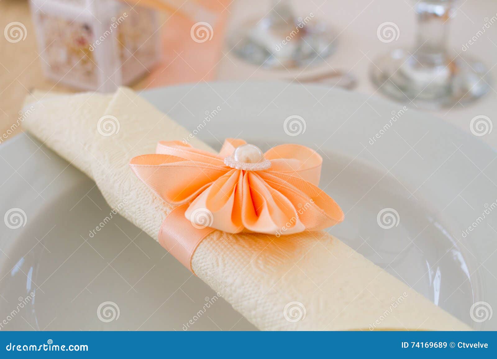 Wedding napkin on plate stock image. Image of cloth, celebration - 74169689