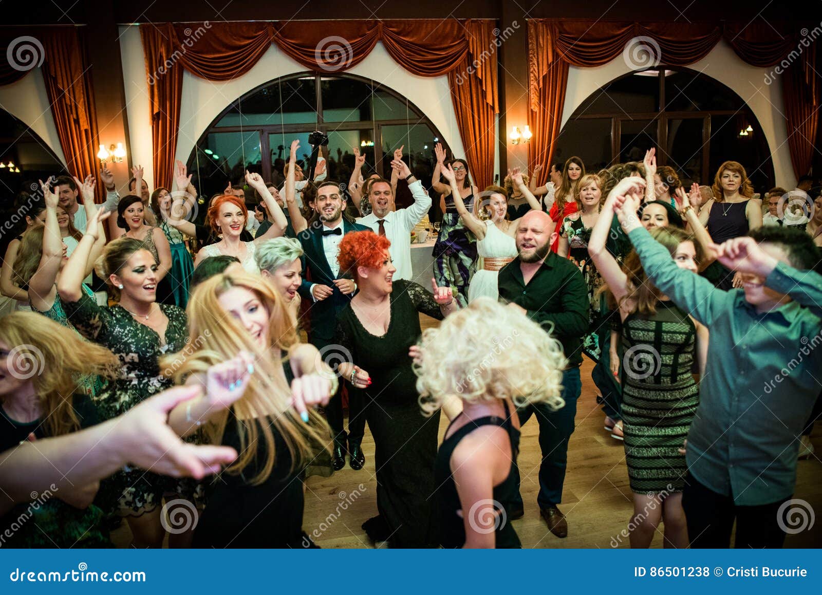 Wedding Party Outdoor. Open Air Firs Wedding Dance Happy Bride And ...