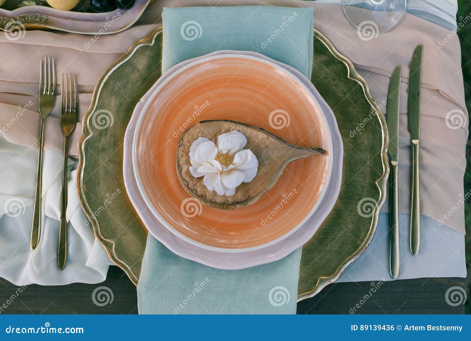 Wedding Place Setting in Beautiful Rustic Style, Top View Stock Photo ...