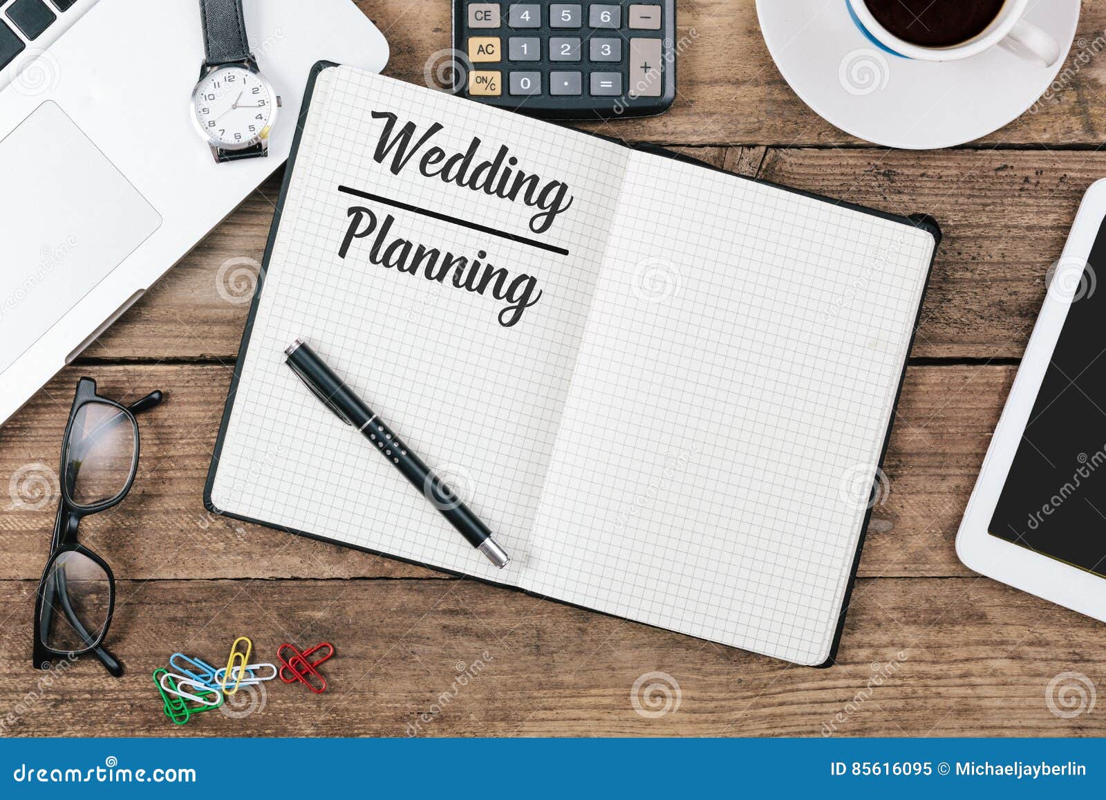 Wedding Planning Text, Office Desk with Computer Technology, High Angle ...