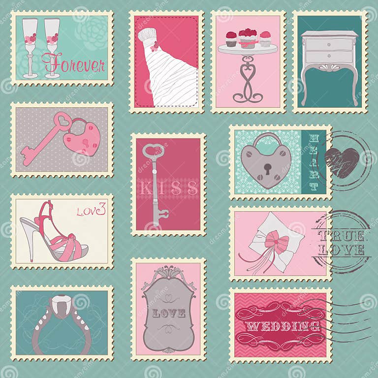 Wedding Postage Stamps stock vector. Illustration of glamour - 19180917