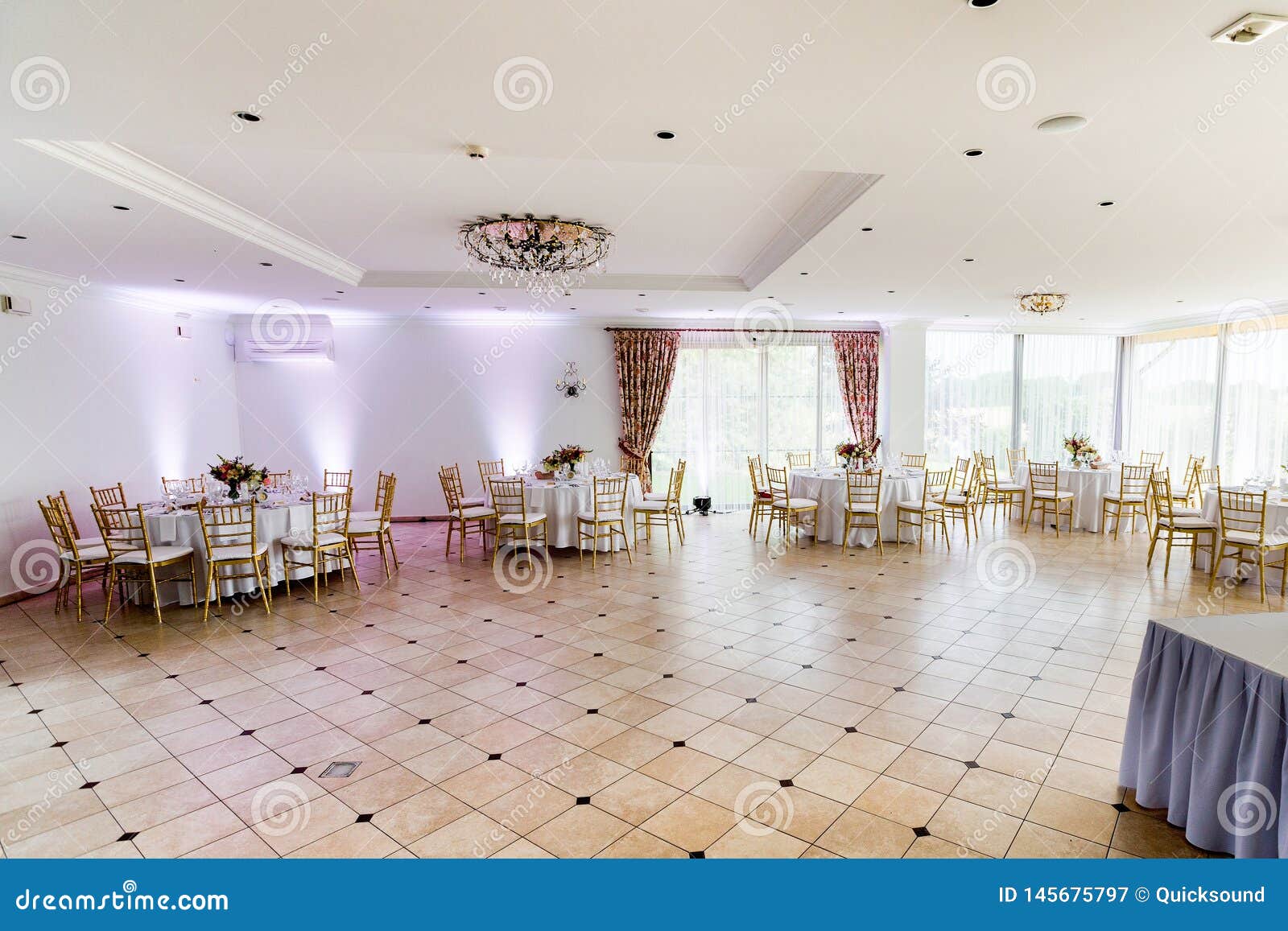 Large classic wedding hall stock image. Image of banquet - 145675797