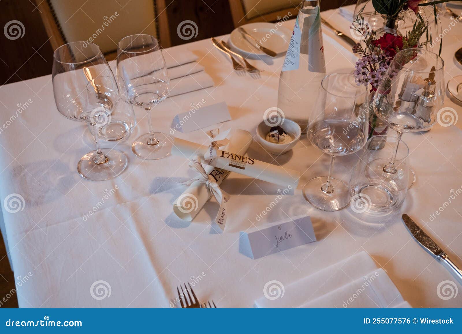 Wedding Reception Table with Guests Names and Empty Glasses Stock Photo ...