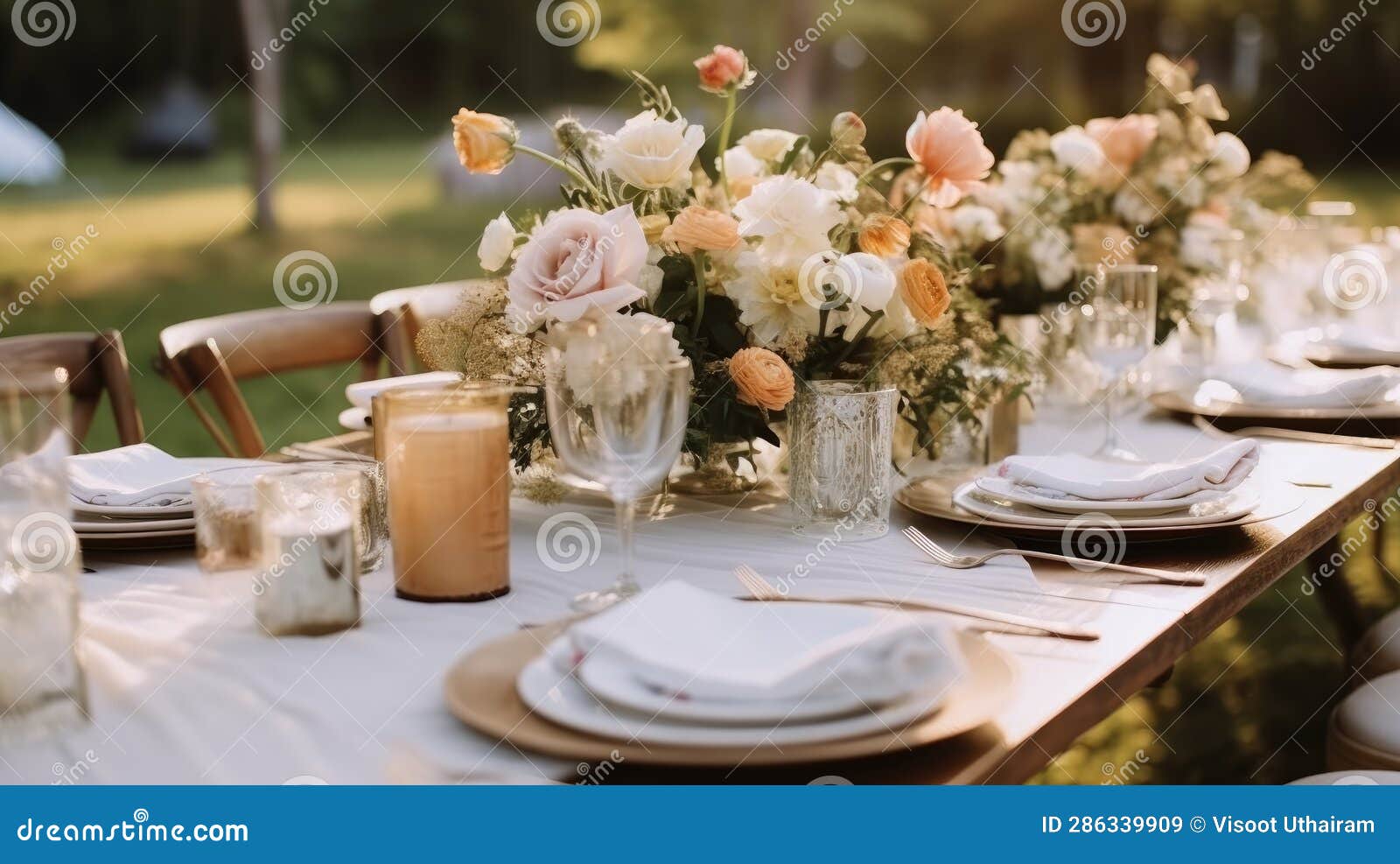 Wedding Reception Table Setting with Flower Arrangements, Special Event ...
