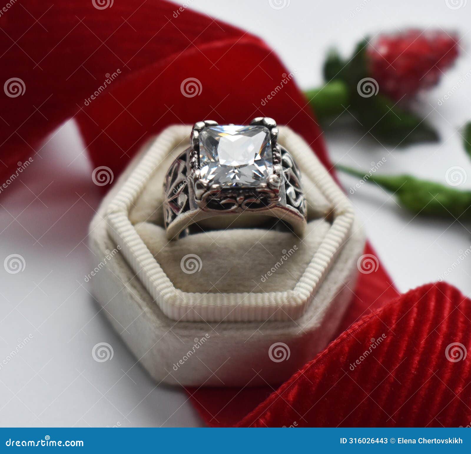 Wedding Ring with Diamond in a Box with a Red Ribbon Stock Image ...