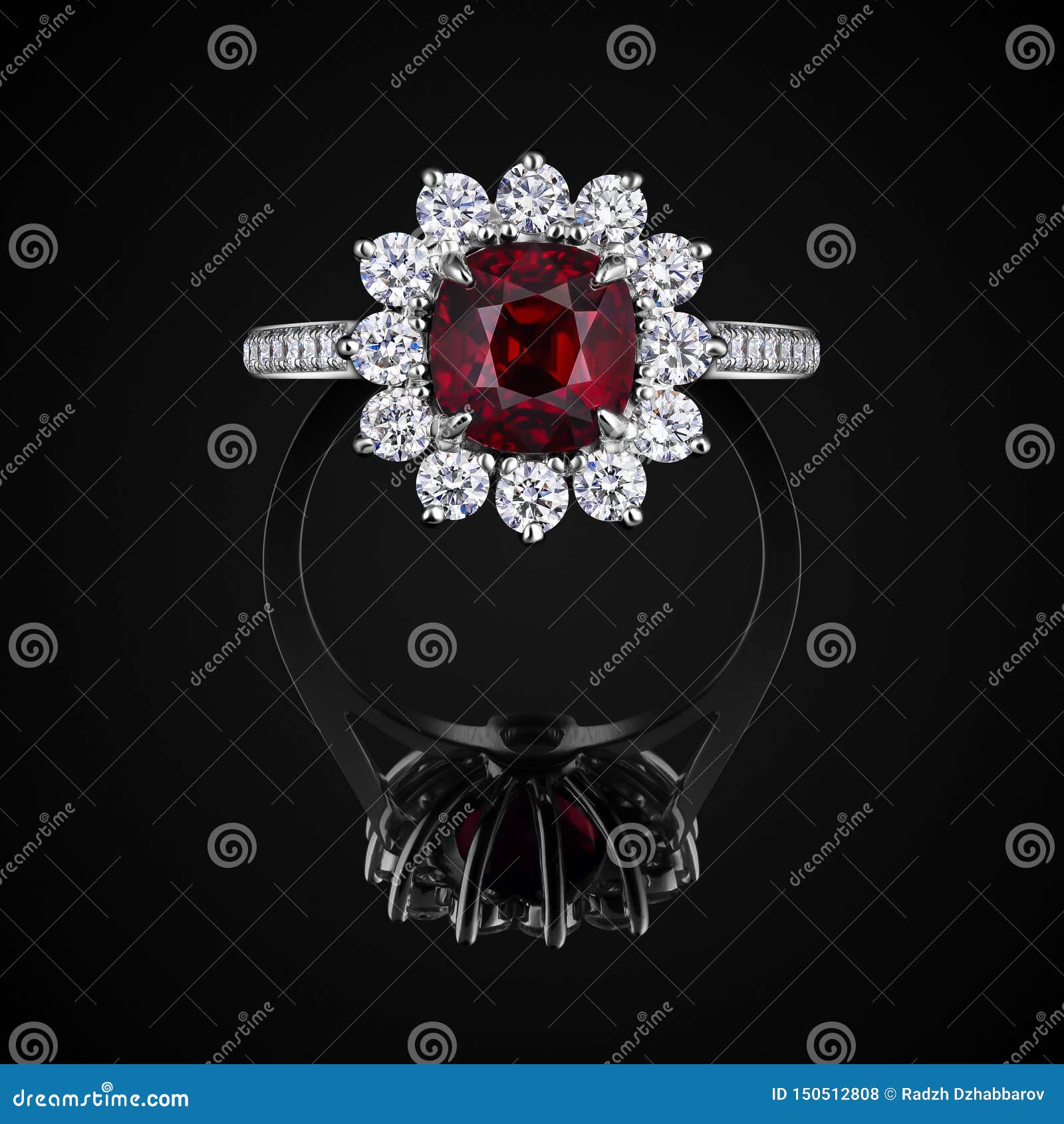 Wedding Ring Front View with Red Ruby and White Diamonds on Black ...