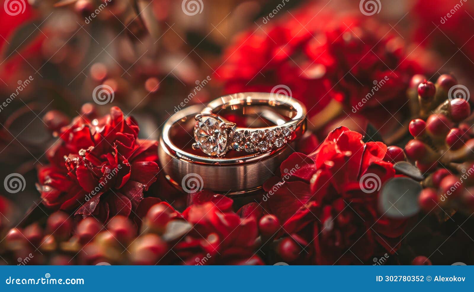 Wedding Rings on a Background of Red Flowers. Wedding Concept Stock ...