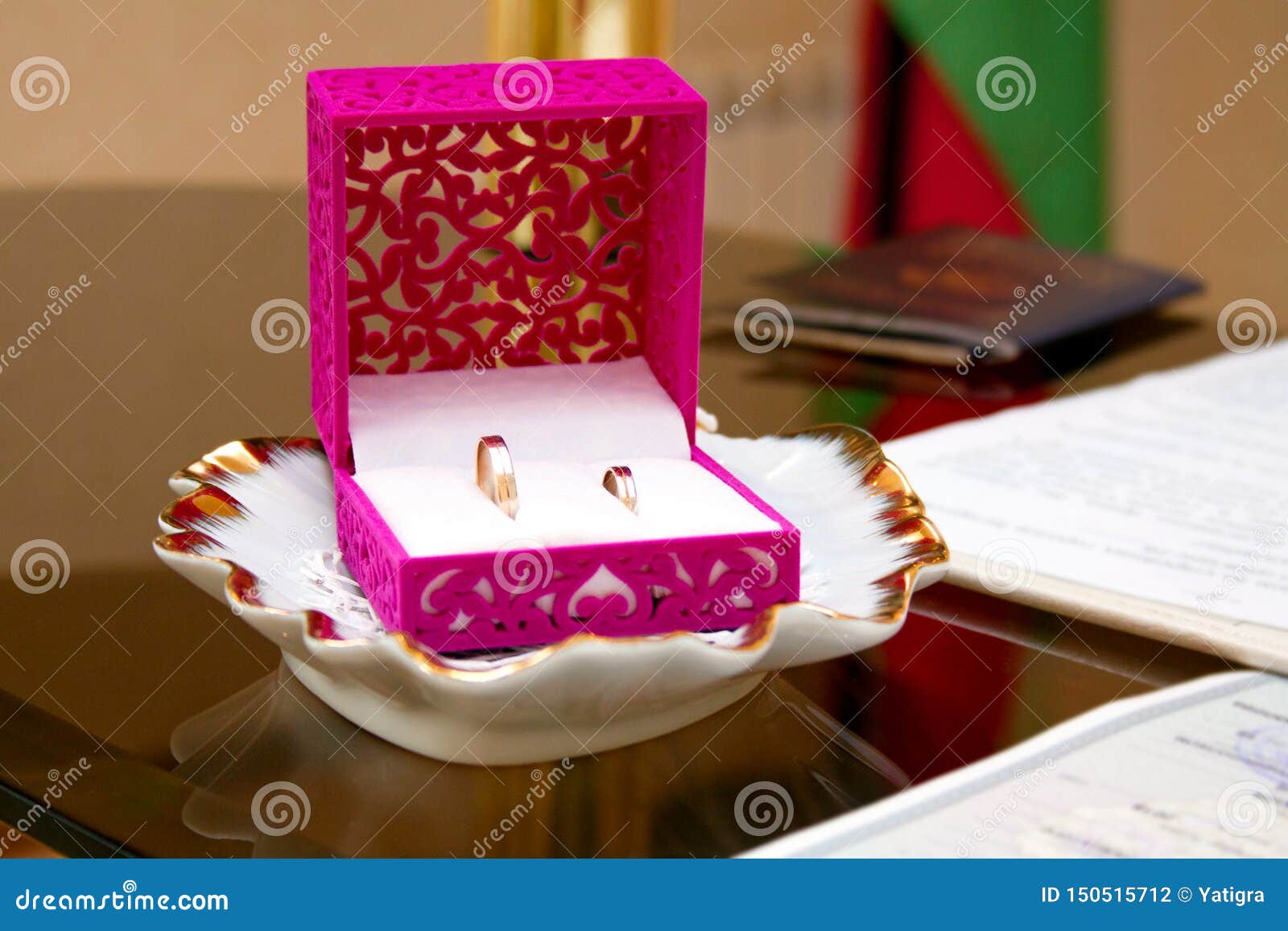 Wedding Rings in the Box at the Ceremony of Marriage Registration Stock ...