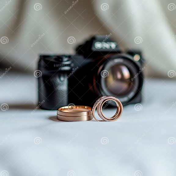 Wedding Rings and Camera on White Surface Stock Image - Image of bokeh ...