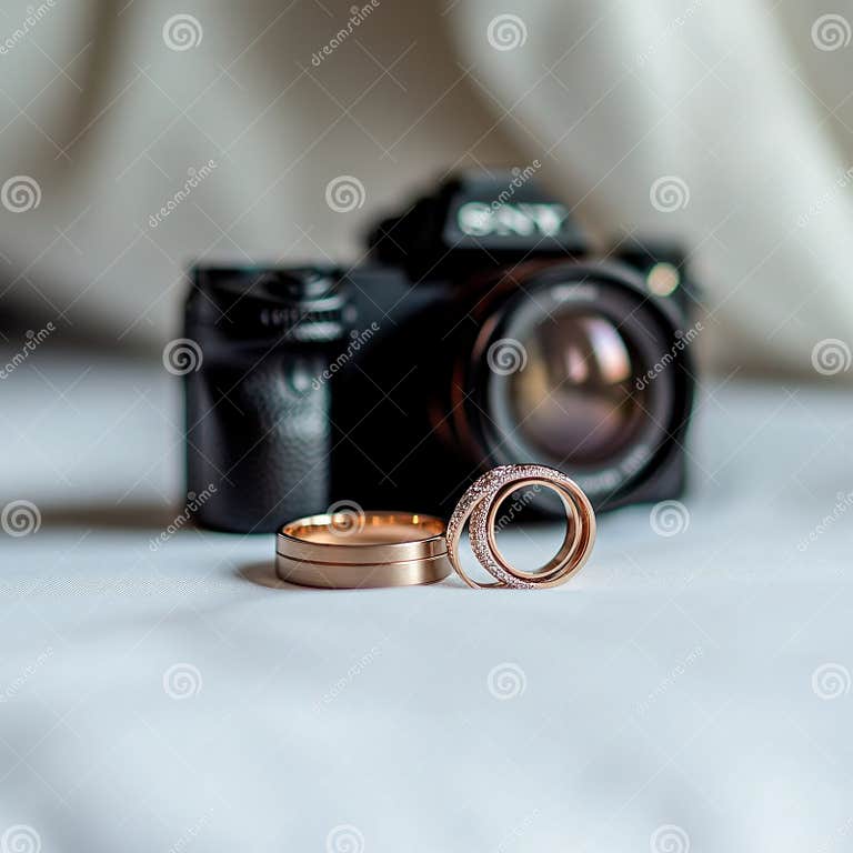 Wedding Rings and Camera on White Surface Stock Image - Image of bokeh ...