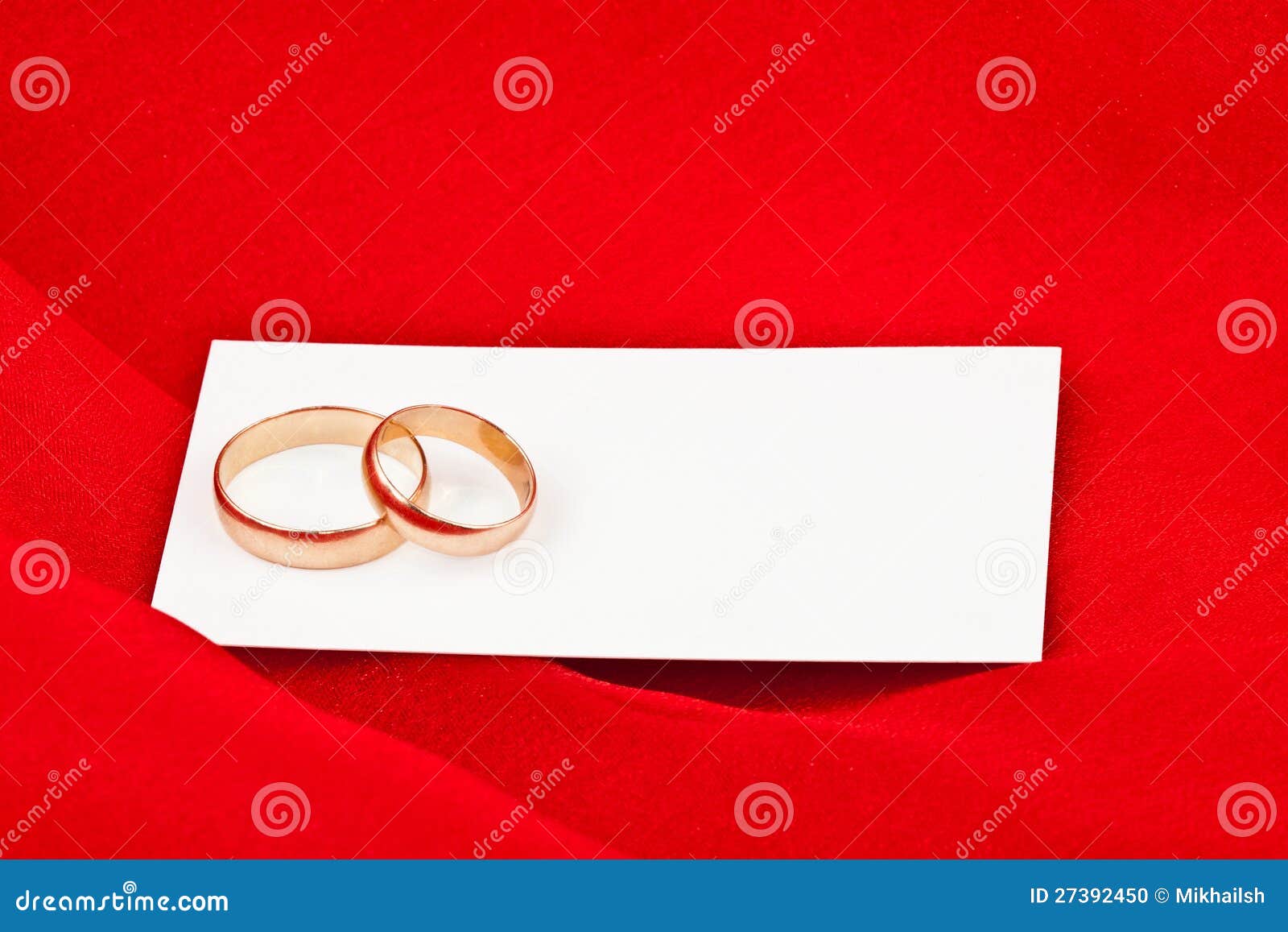 Wedding Rings with Card on Red Fabric Stock Photo - Image of marriage ...