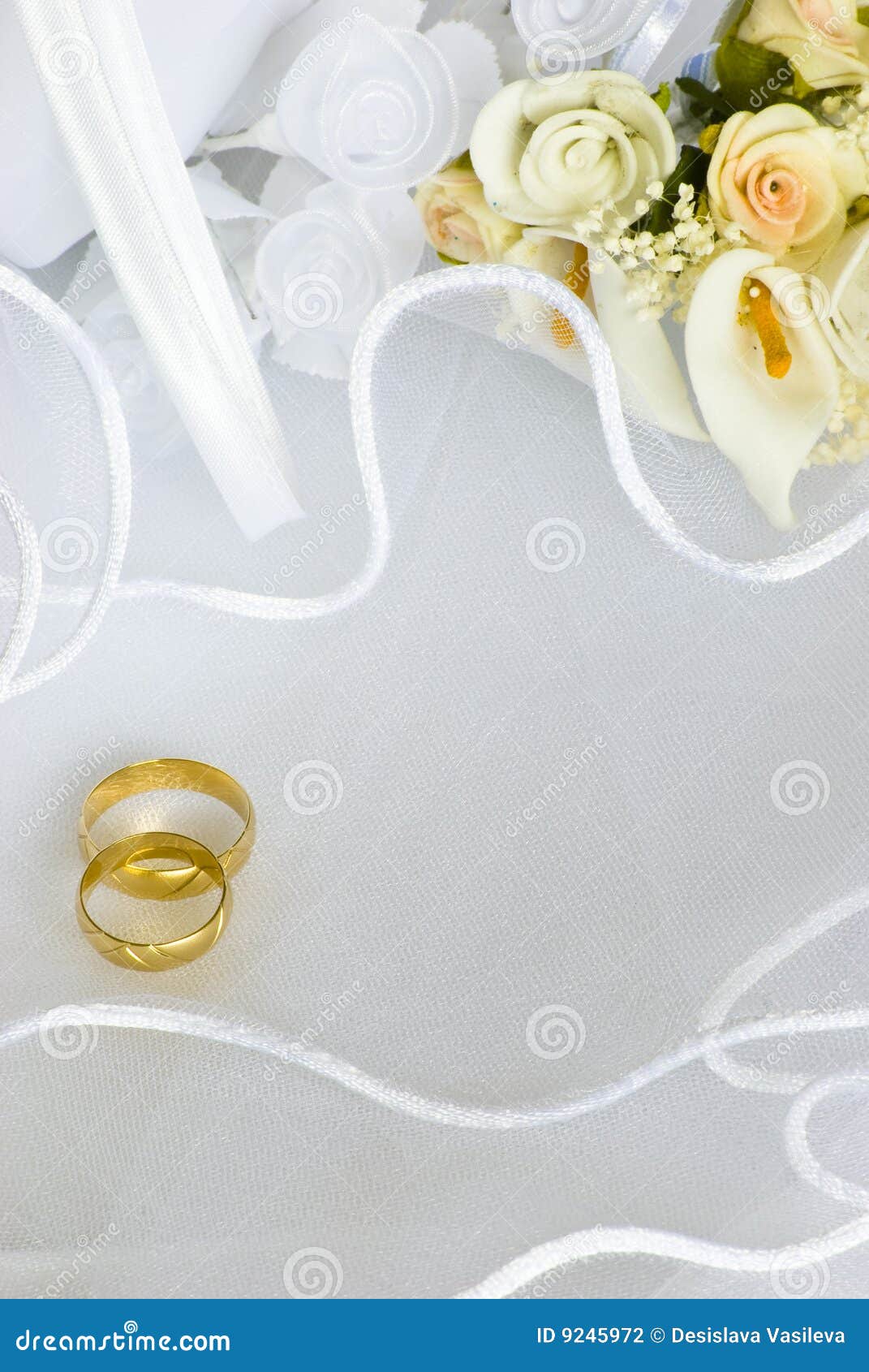 Wedding Rings and Flowers Over Veil Stock Photo - Image of bouquet ...