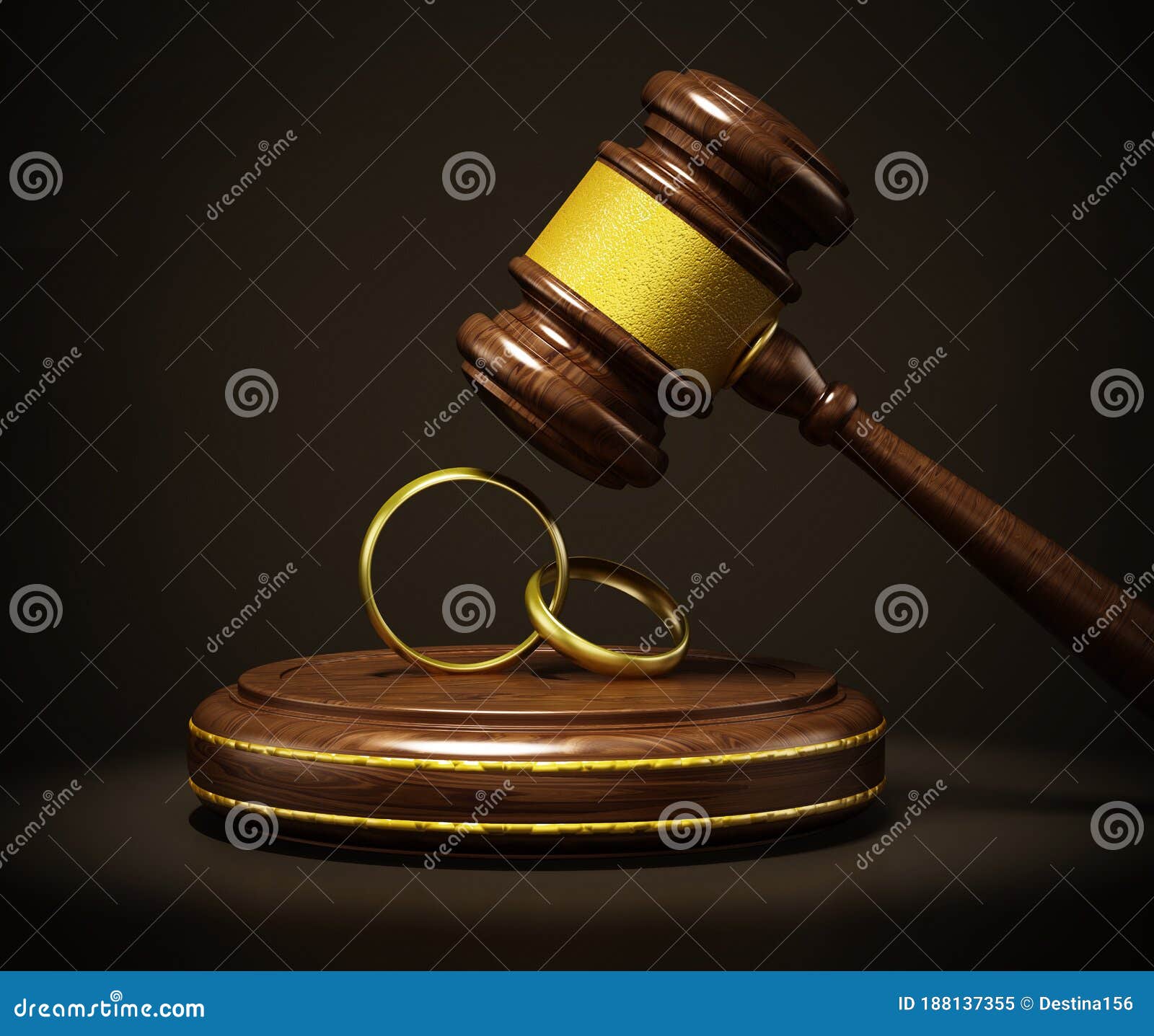 Wedding Rings and Gavel on Dark Background. 3D Illustration Stock ...