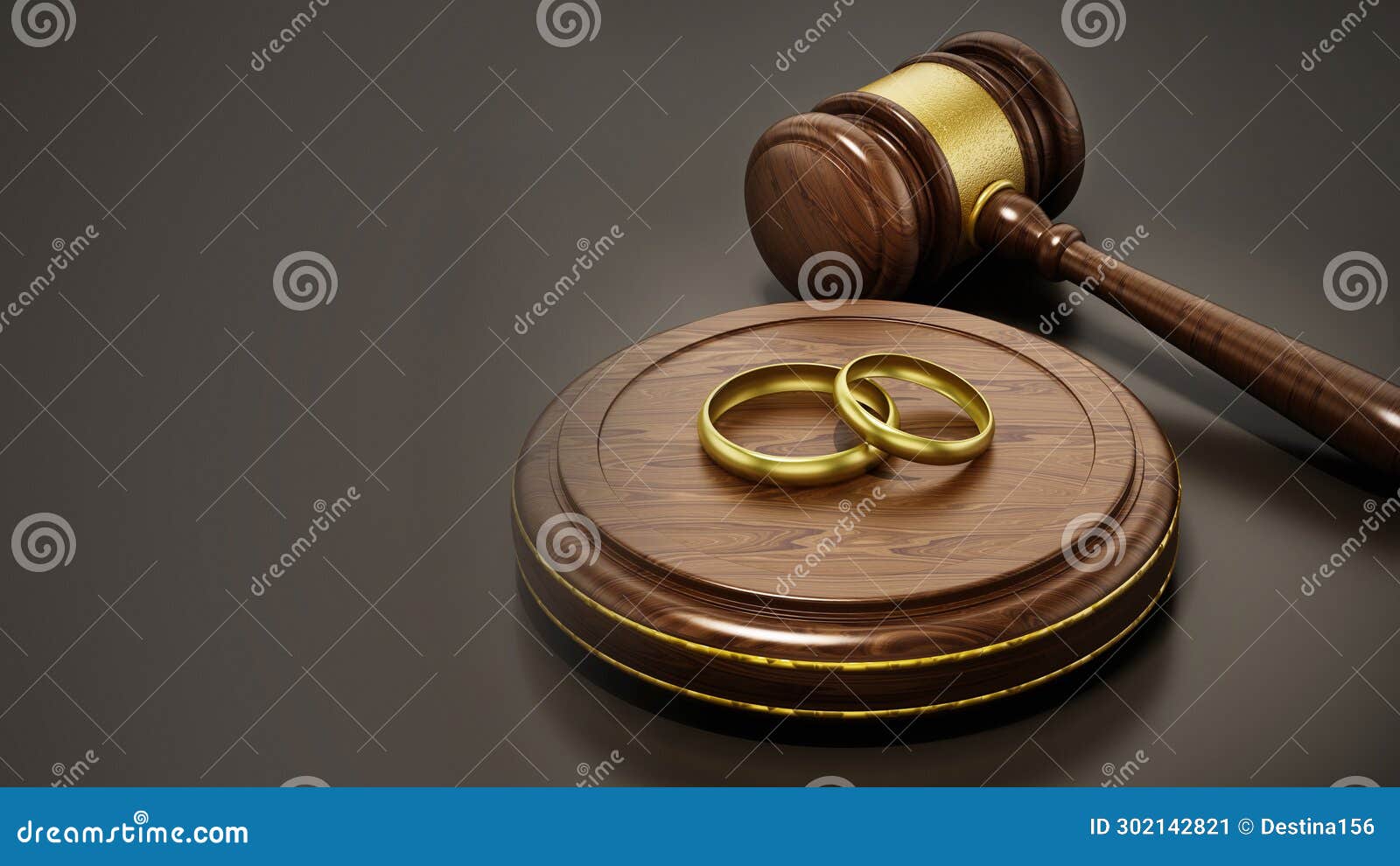 Wedding Rings and Gavel on Dark Background. 3D Illustration Stock ...
