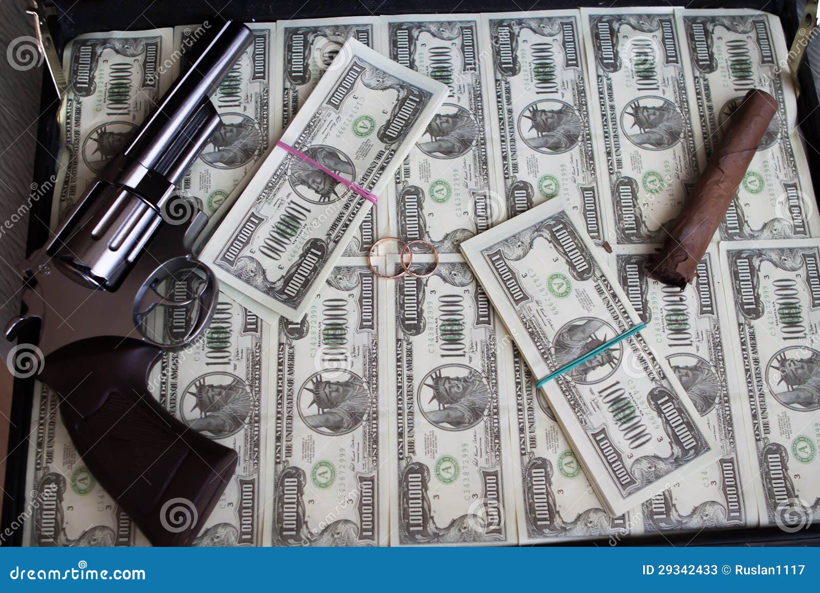 Wedding Rings,gun, Cigar and Money in a Case Stock Image - Image of ...