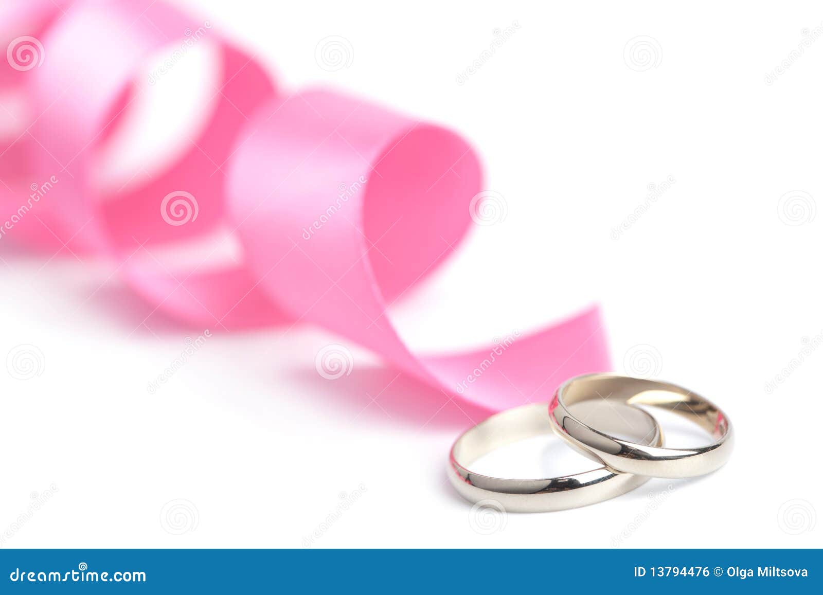 Wedding Rings and Pink Ribbon Isolated Stock Photo - Image of dress ...
