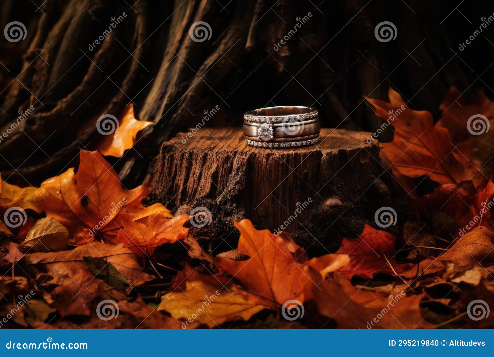 Wedding Rings on a Stump, Surrounded by Fallen Autumn Leaves Stock ...
