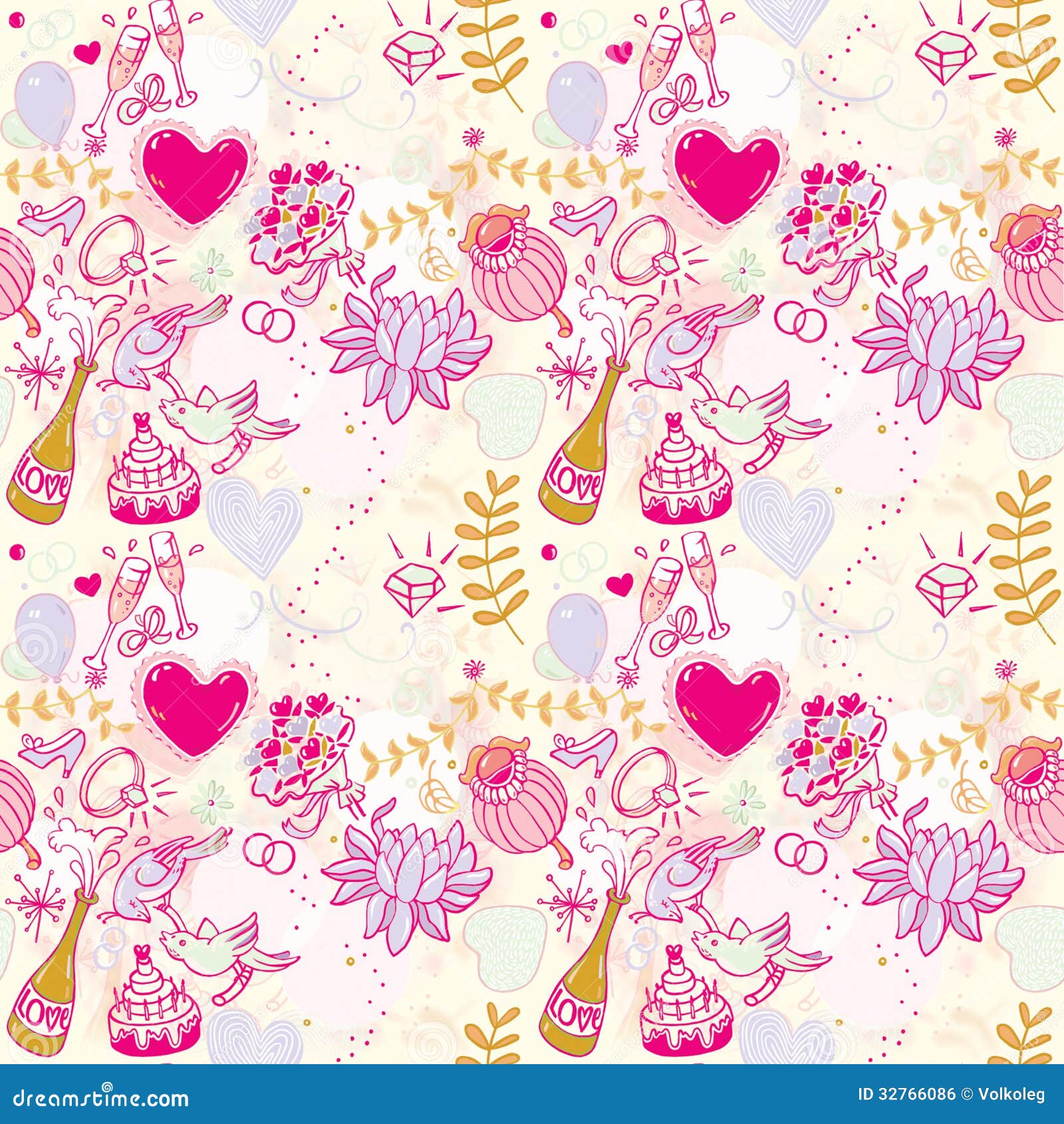 Wedding Seamless Pattern Illustration with Hearts and Birds Stock ...