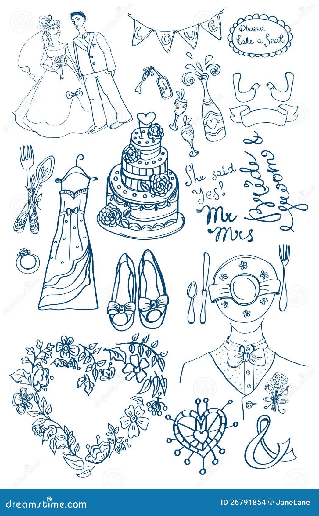 Wedding Set of Cute Glamorous Doodles Stock Illustration - Illustration ...