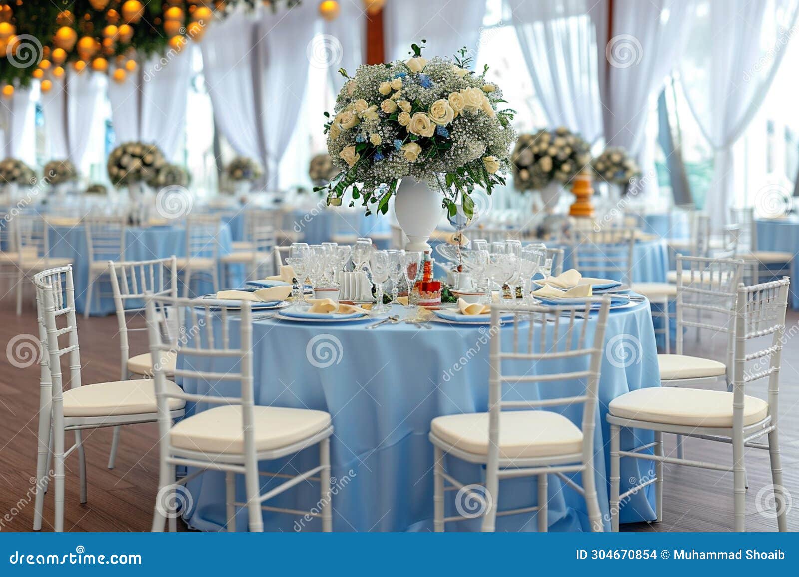 Wedding Setup Blue Covered Round Tables in a Pristine Pavilion Stock ...