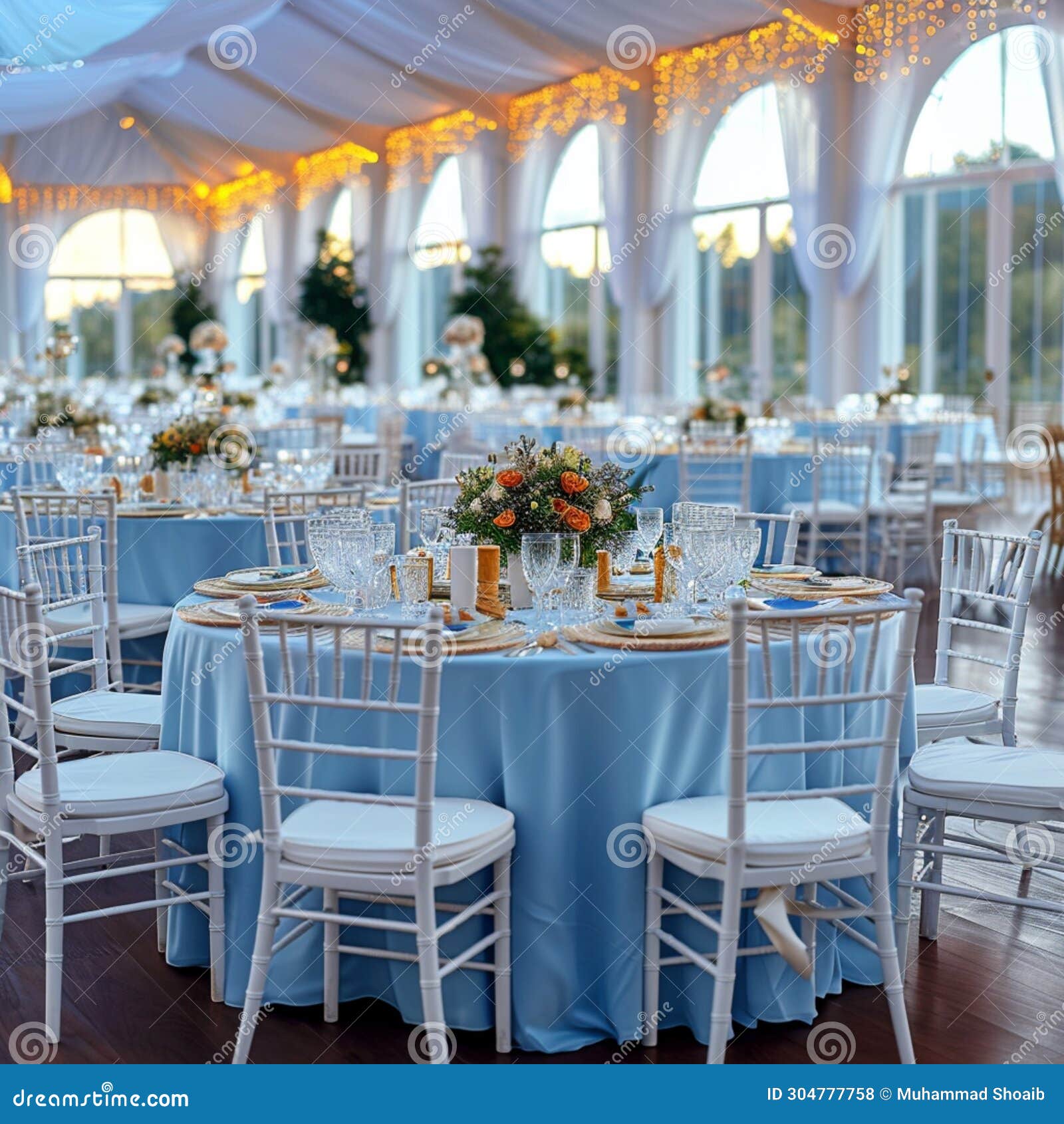 Wedding Setup Blue Covered Round Tables in a Pristine Pavilion Stock ...