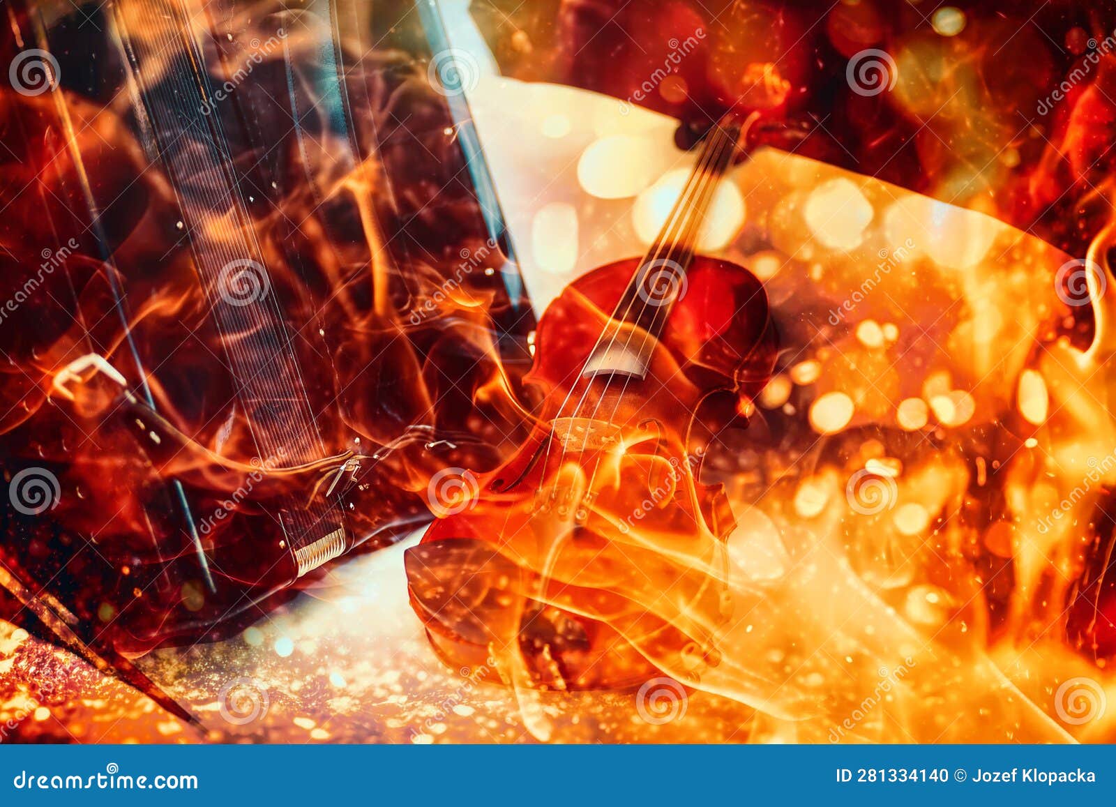 Wedding Still Life with Violin and Accordion on Fire Background. Stock ...
