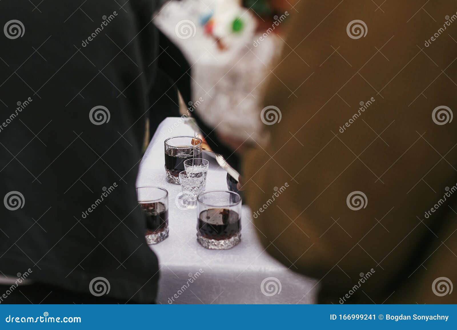 Wedding Table with Alcohol Drinks, Vodka in Glasses. People Toasting at ...