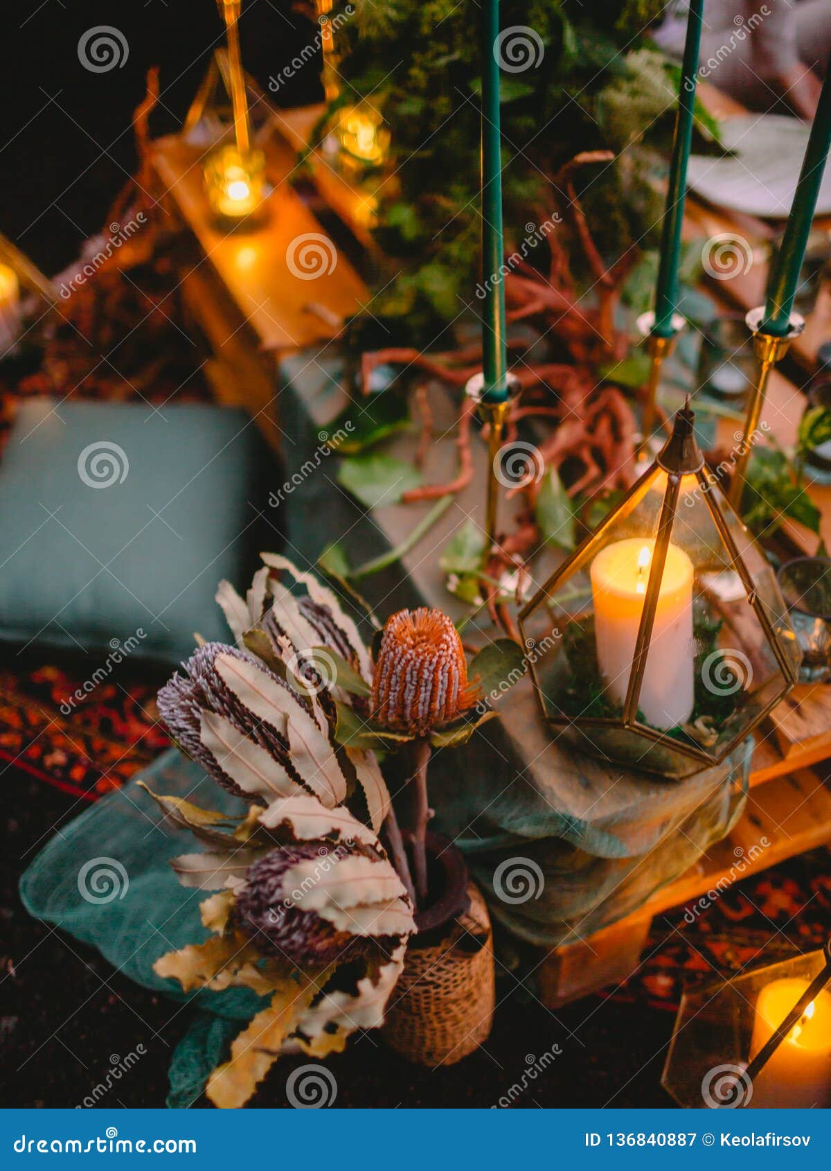 Wedding Table with Candles and Floristic. Wedding Rustic Dinner Stock ...