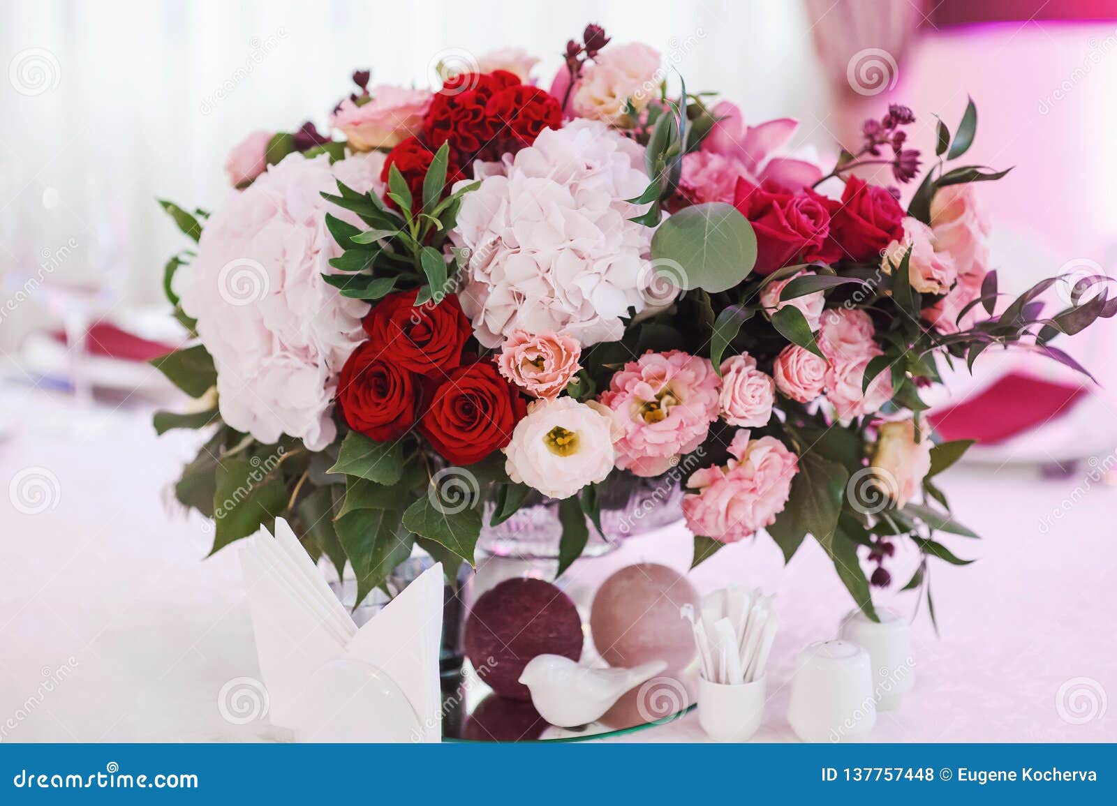 Wedding Table Decor with Red Flowers Stock Photo - Image of plate ...