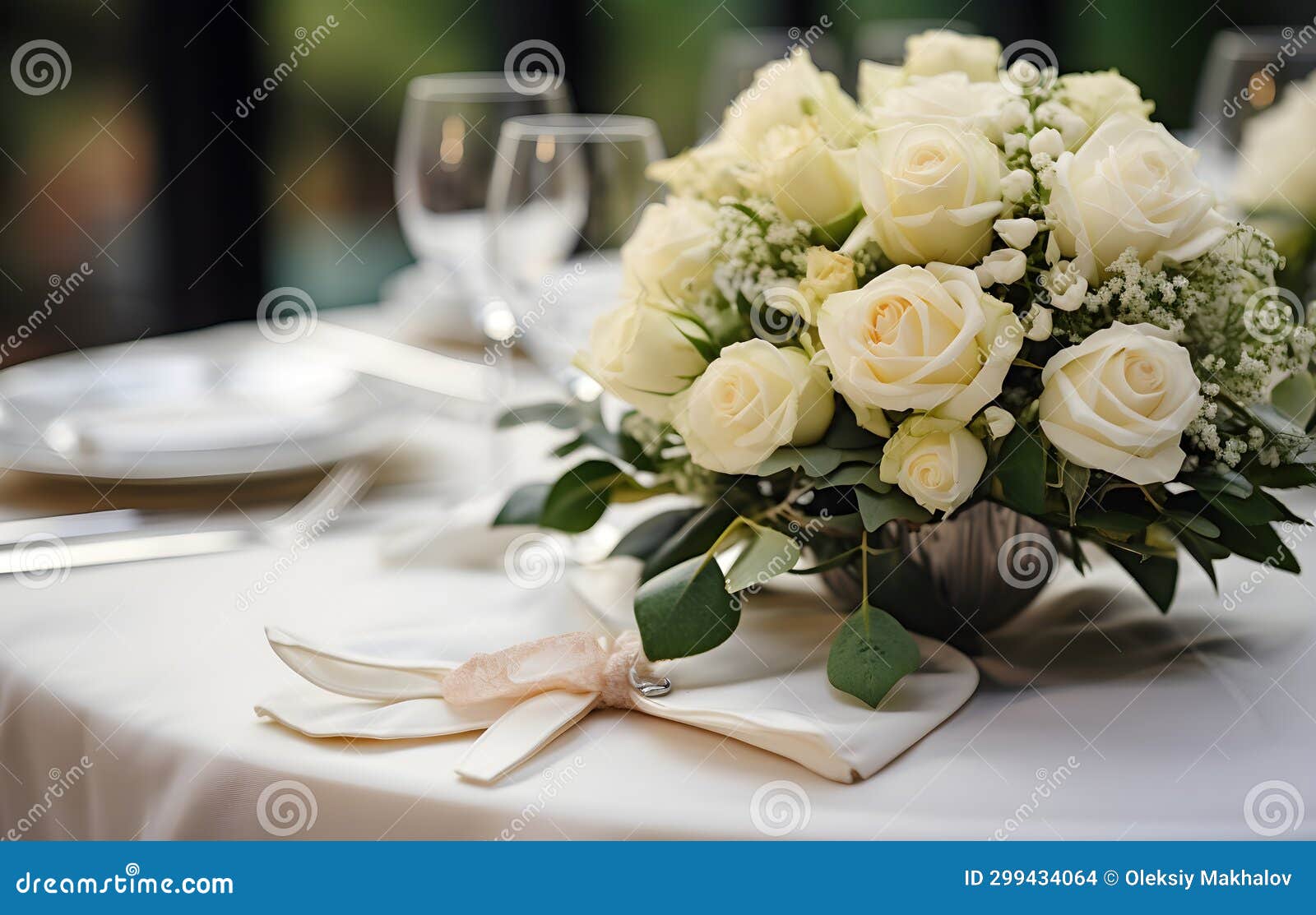 Wedding Table Decorated with White Rose Flowers and Candles Stock Photo ...