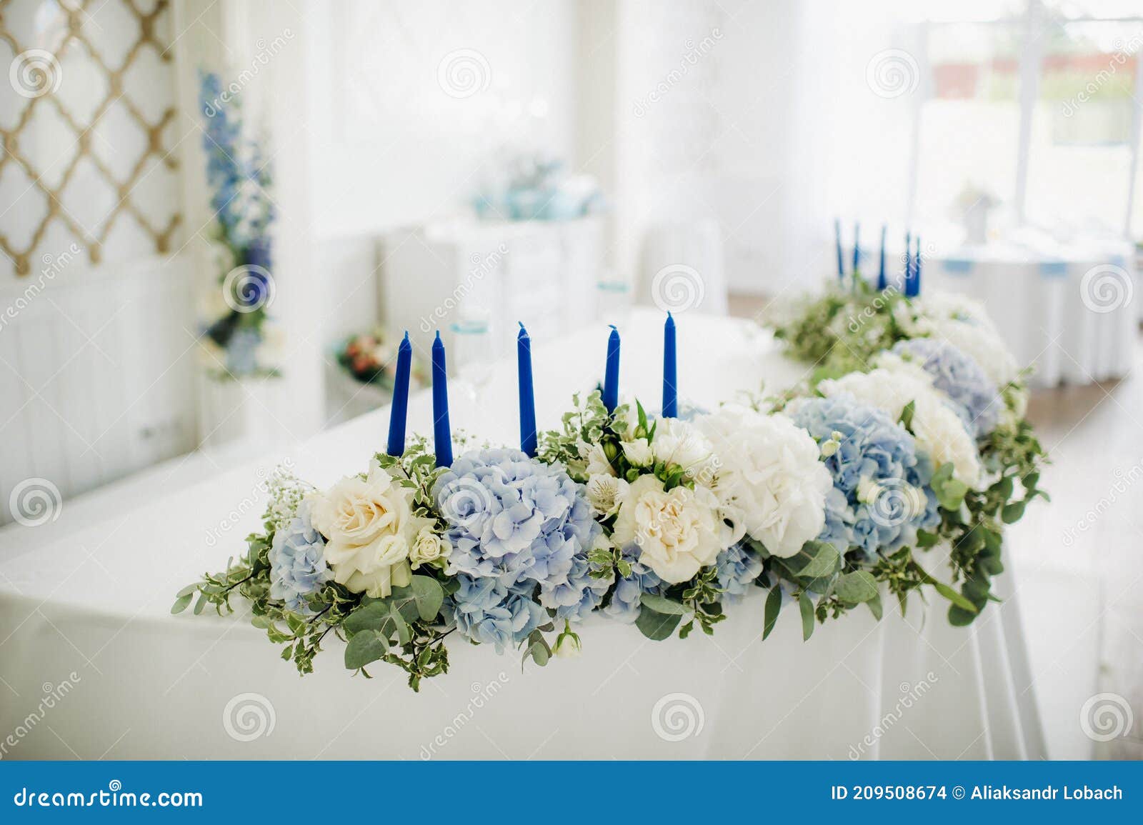 Wedding Table Decoration with Blue Flowers on the Table in the ...