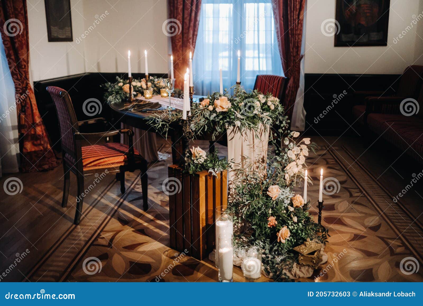 Wedding Table Decoration with Flowers on the Table in the Castle, Table ...