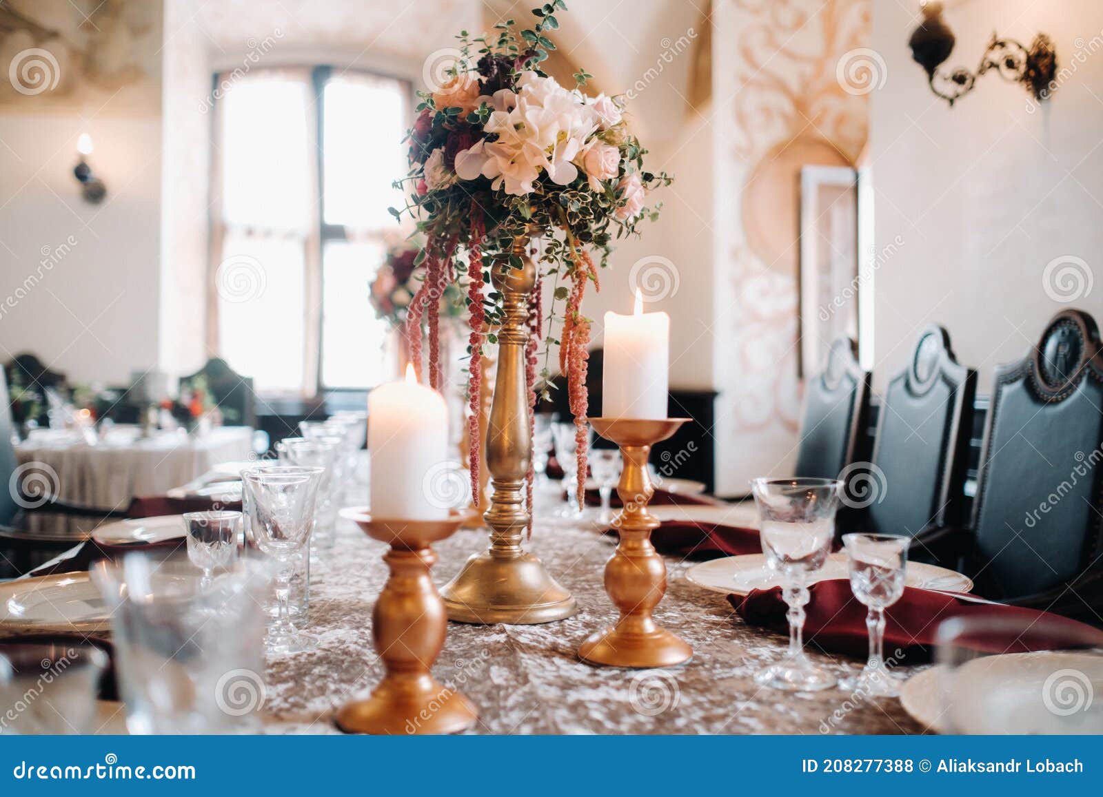 Wedding Table Decoration with Flowers on the Table in the Castle, Table ...