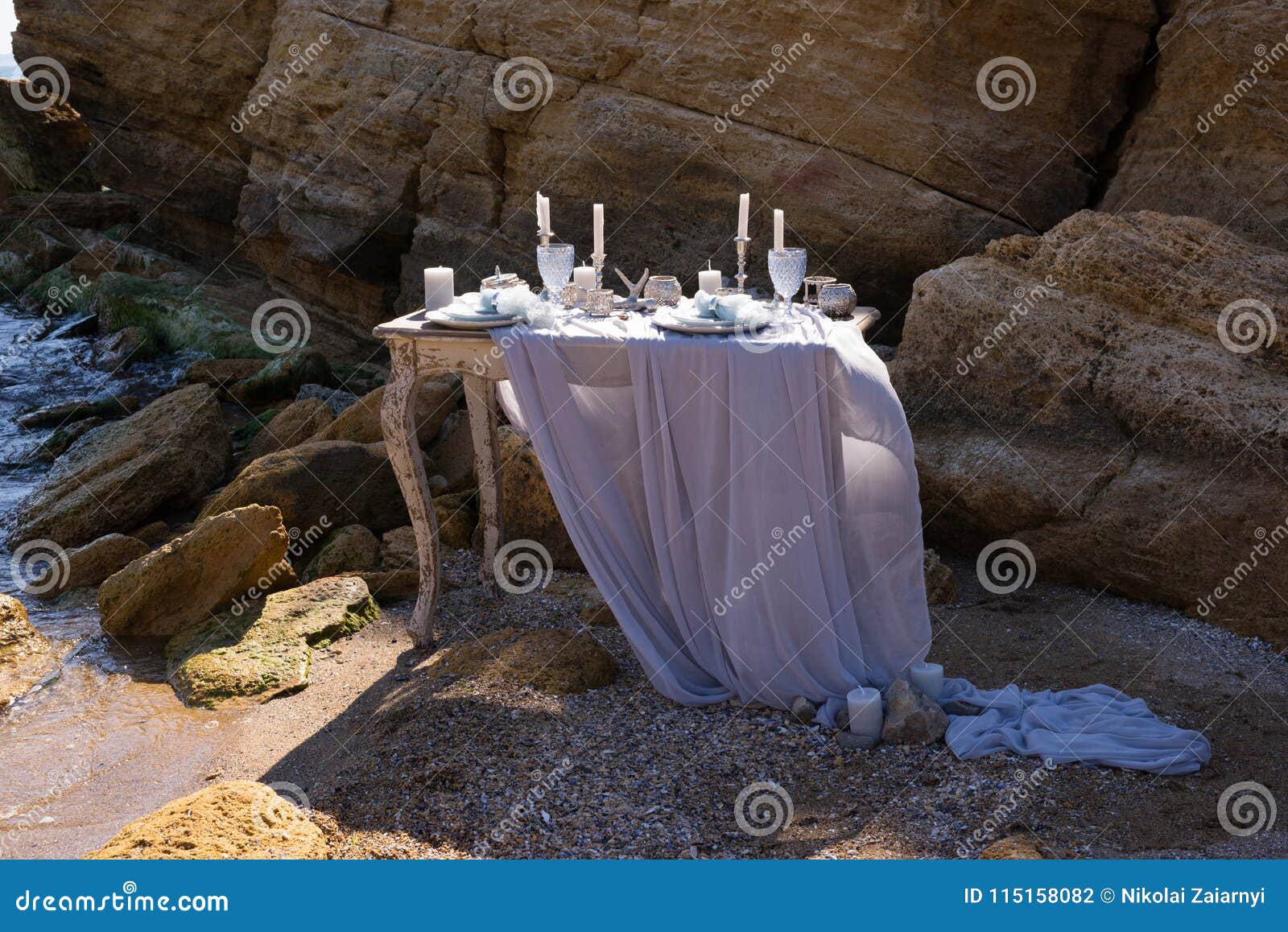 Wedding Table Decoration on a Seashore Stock Photo - Image of ...