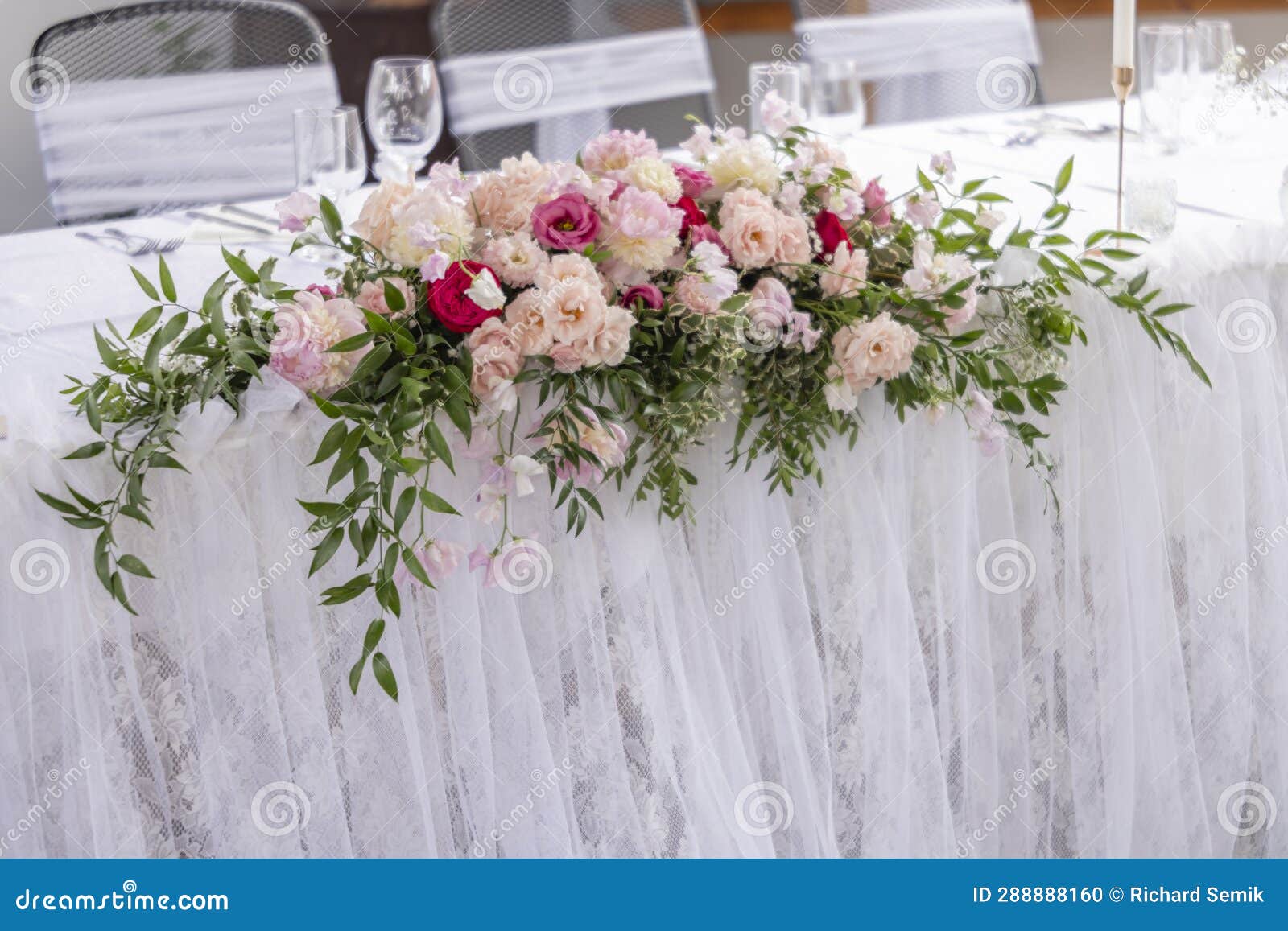 Wedding Table with Pink Flowers Stock Photo - Image of table ...