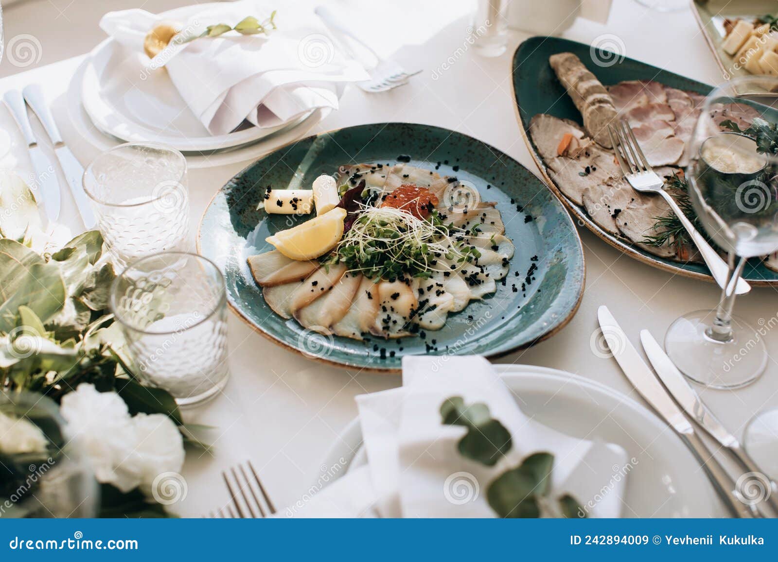 Wedding Table Setting with Food in Restaurant Stock Image - Image of ...