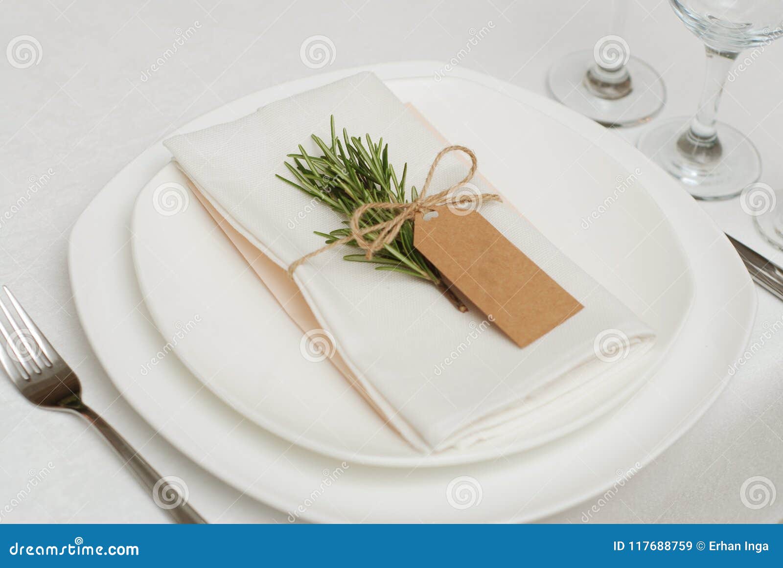 Wedding Table Setting with Rosemary on White Napkin. Wedding Decoration ...