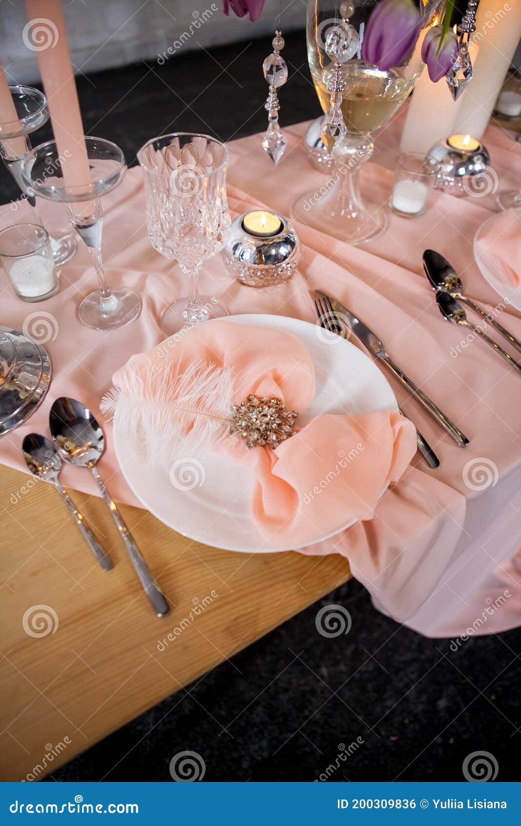 Wedding Table Setting with Tablecloths, Dishes and Decorations. Stock ...
