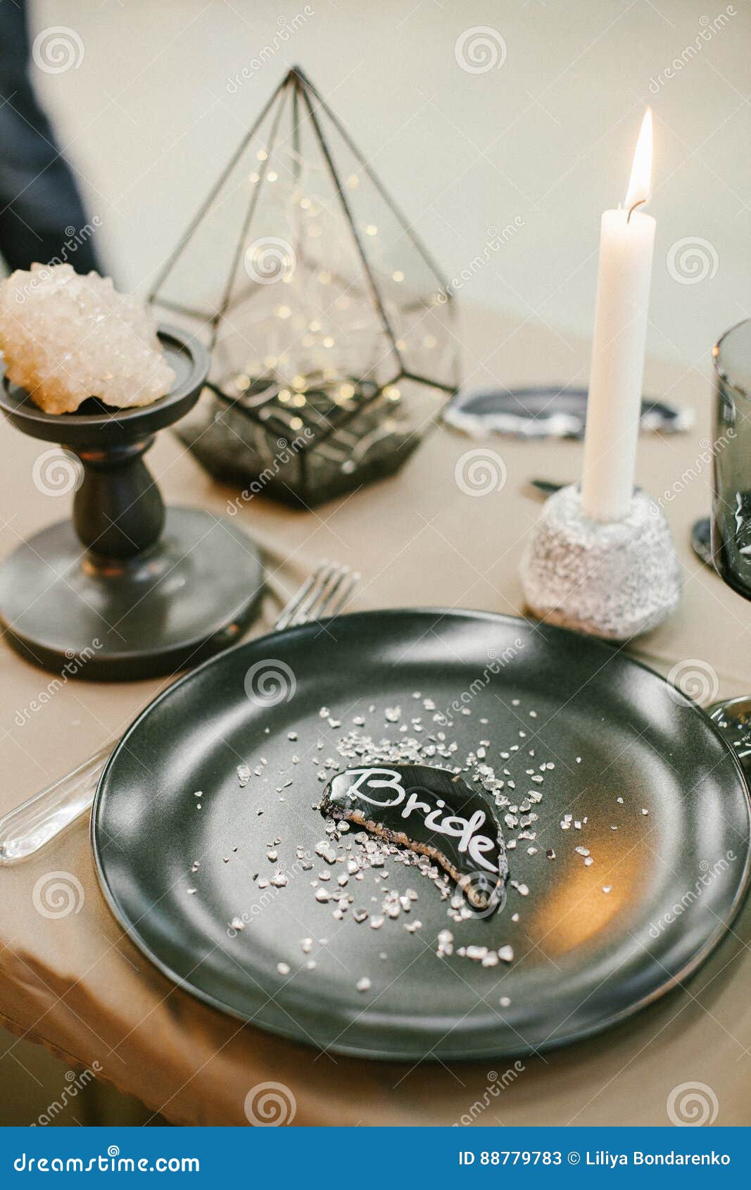 Wedding Tableware with Name Card, Stone Candlestick with Candle, Silver ...