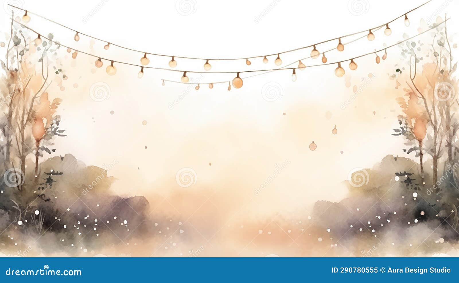 Wedding Theme with String Light and Landscape Watercolor Stock ...