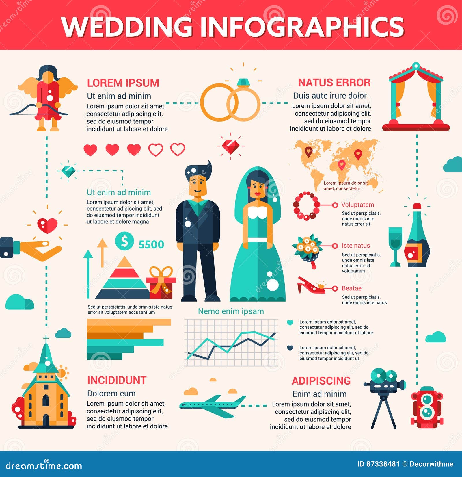 Wedding Vector Illustrative Template Set with Infographic Elements ...